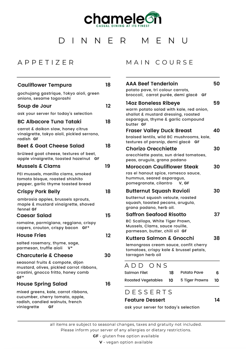 Dinner Menu — Chameleon
