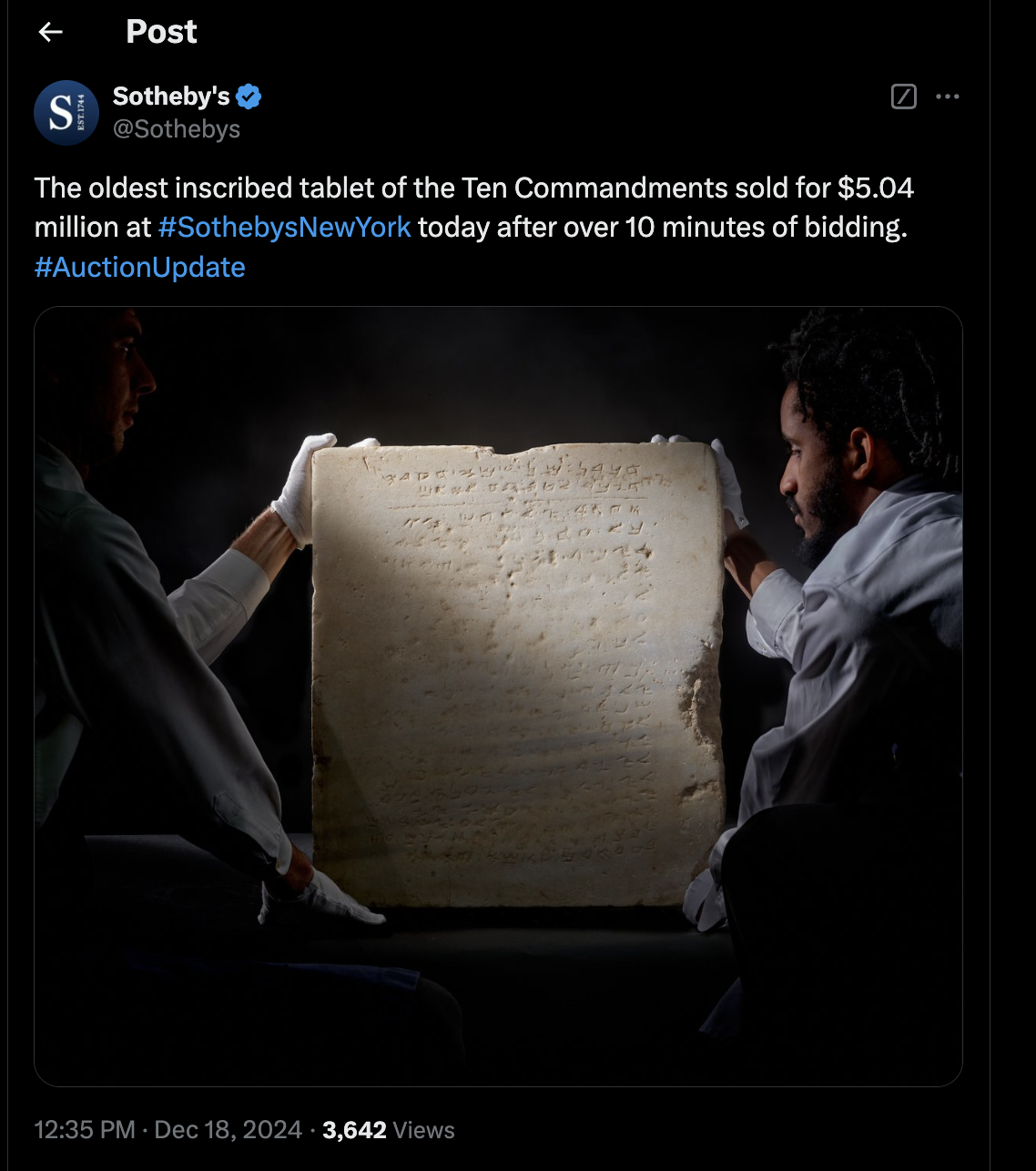 Ancient Stone Tablet Inscribed With Ten Commandments Sells For $5 ...