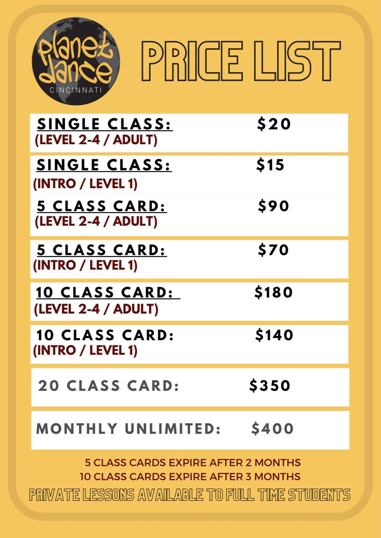 REGISTRATION & PRICING — Planet Dance Cincinnati