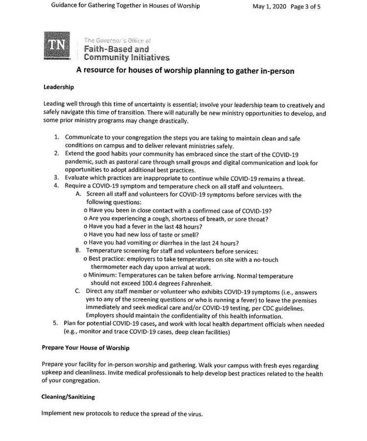 State of TN Reopening Guidelines - Faith-Based and Community ...