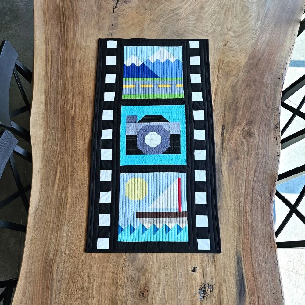 Film Strip Table Runner with Camera Quilt Block Printable Tutorial — Crafty Staci