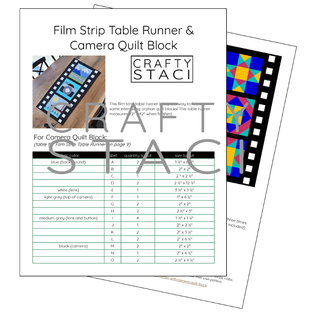 Film Strip Table Runner with Camera Quilt Block Printable Tutorial — Crafty Staci