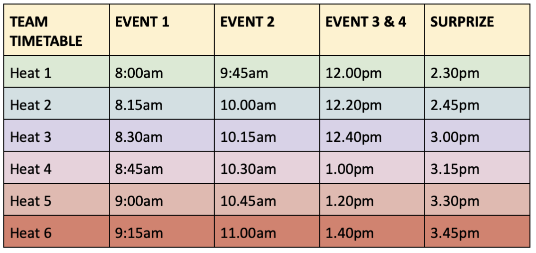 TEAMS Timetable & Heat Sheet — Discipline Games Events