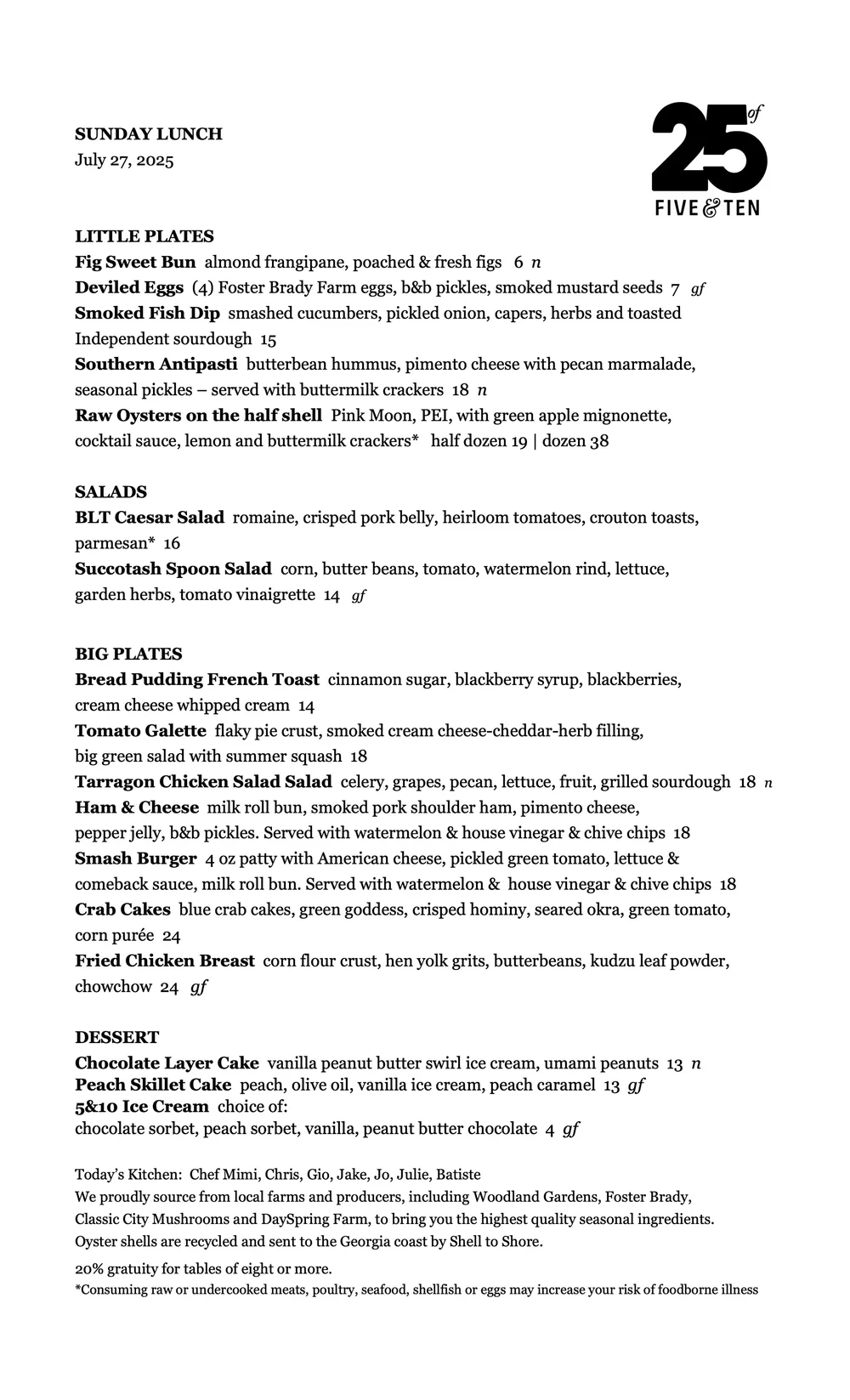 Menu — Five & Ten