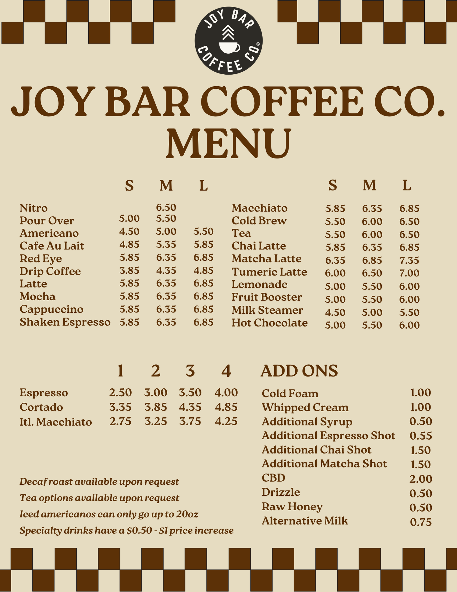 Menu 1 — Joy Bar Coffee Co.