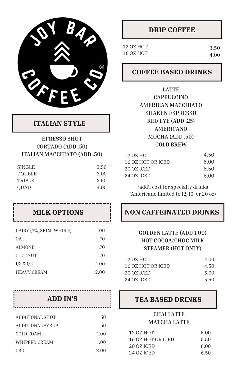 Menu 1 — 83 Custom Coffee & Joy Bar Coffee Co.