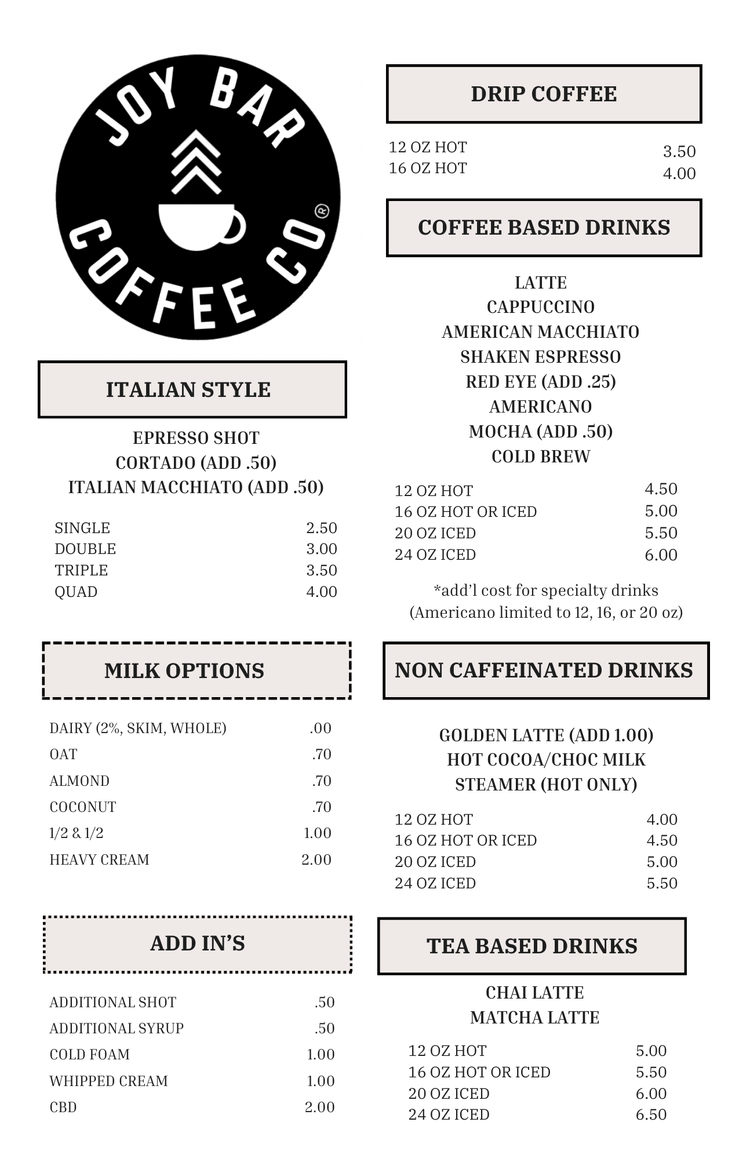 Menu 1 — 83 Custom Coffee & Joy Bar Coffee Co.