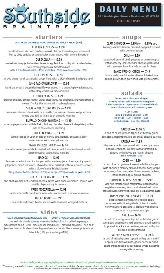 Eat | SouthSide Tavern Restaurant in Braintree | Restaurants in ...