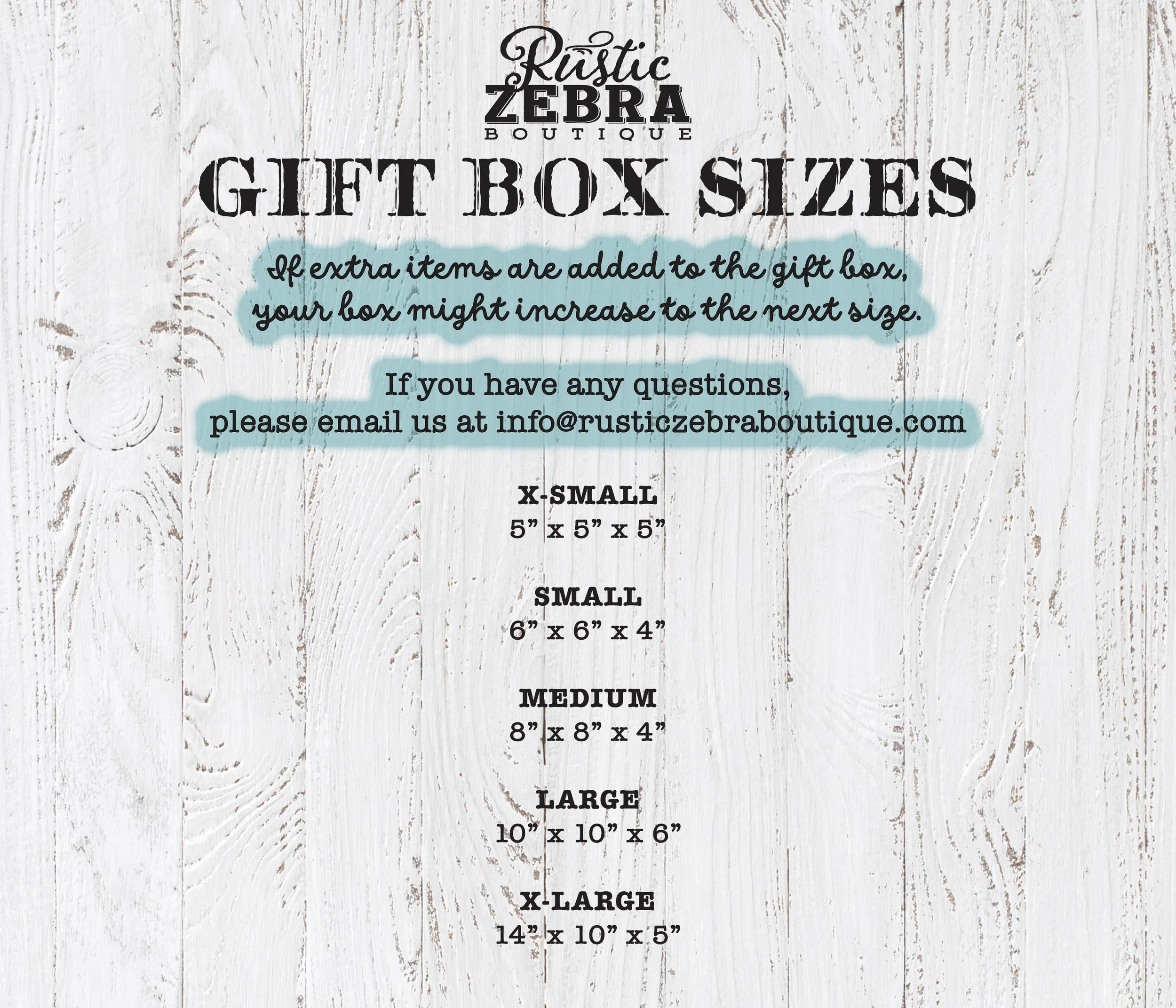 GIFT BOX SIZES — Rustic Zebra Boutique