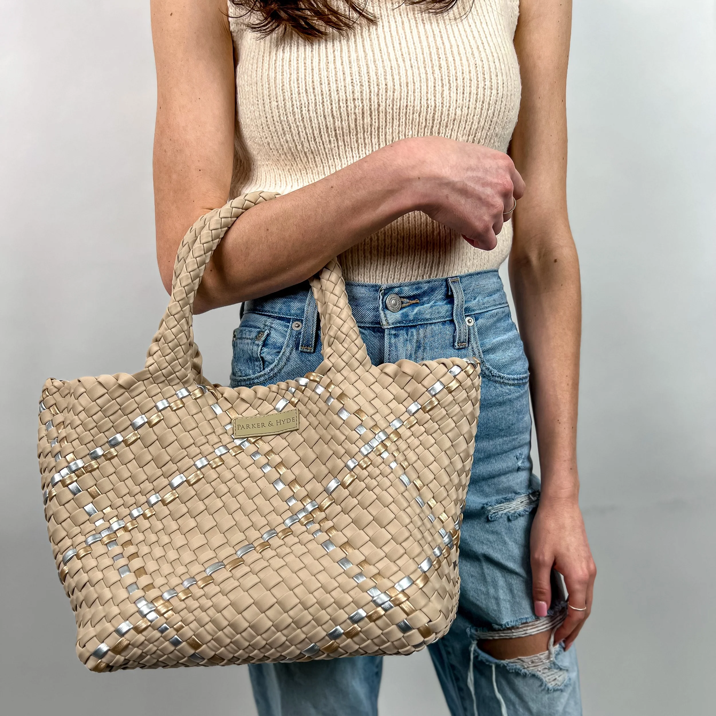 Beige Metallic Classic Woven Tote — Parker & Hyde