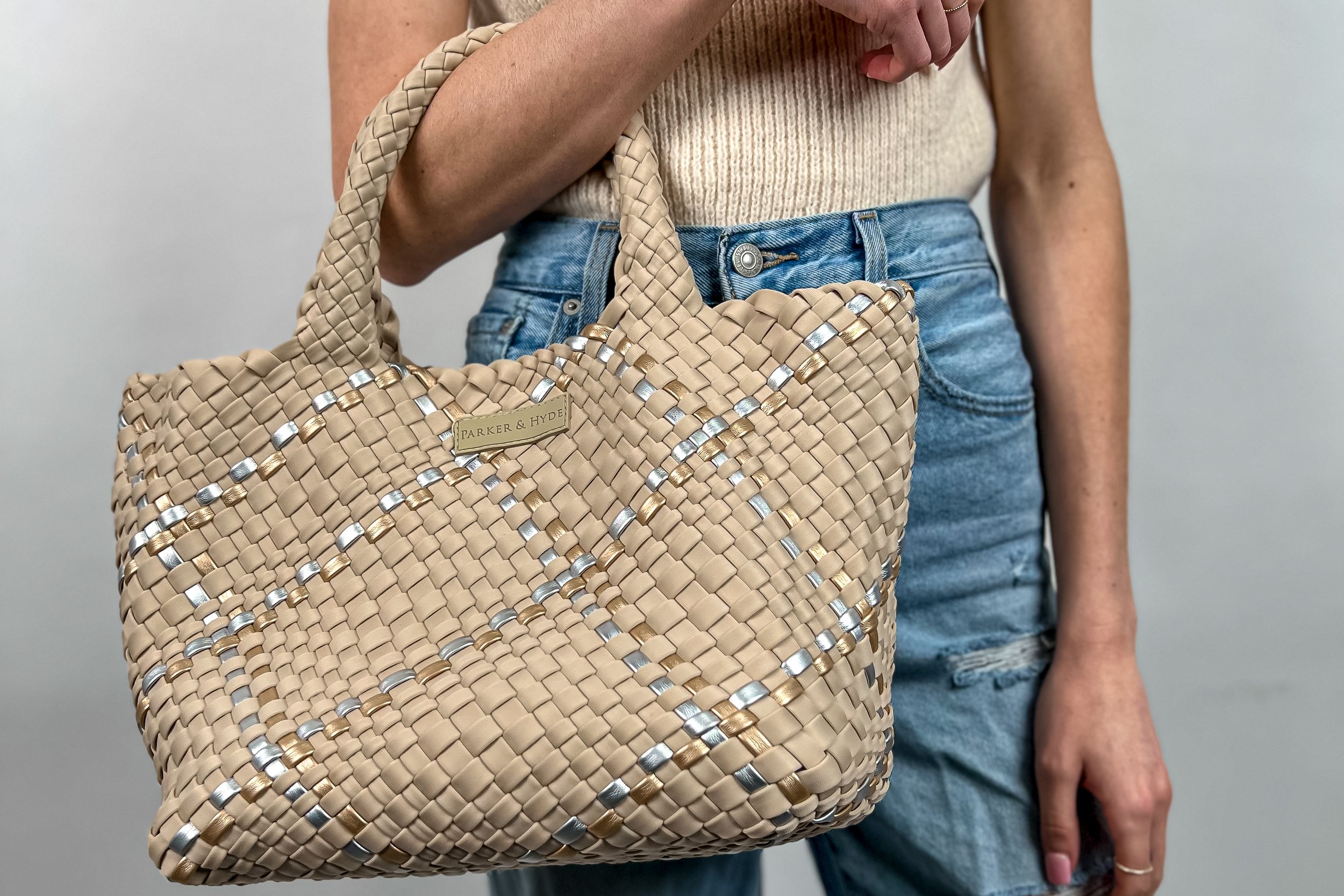 Beige Metallic Classic Woven Tote — Parker & Hyde