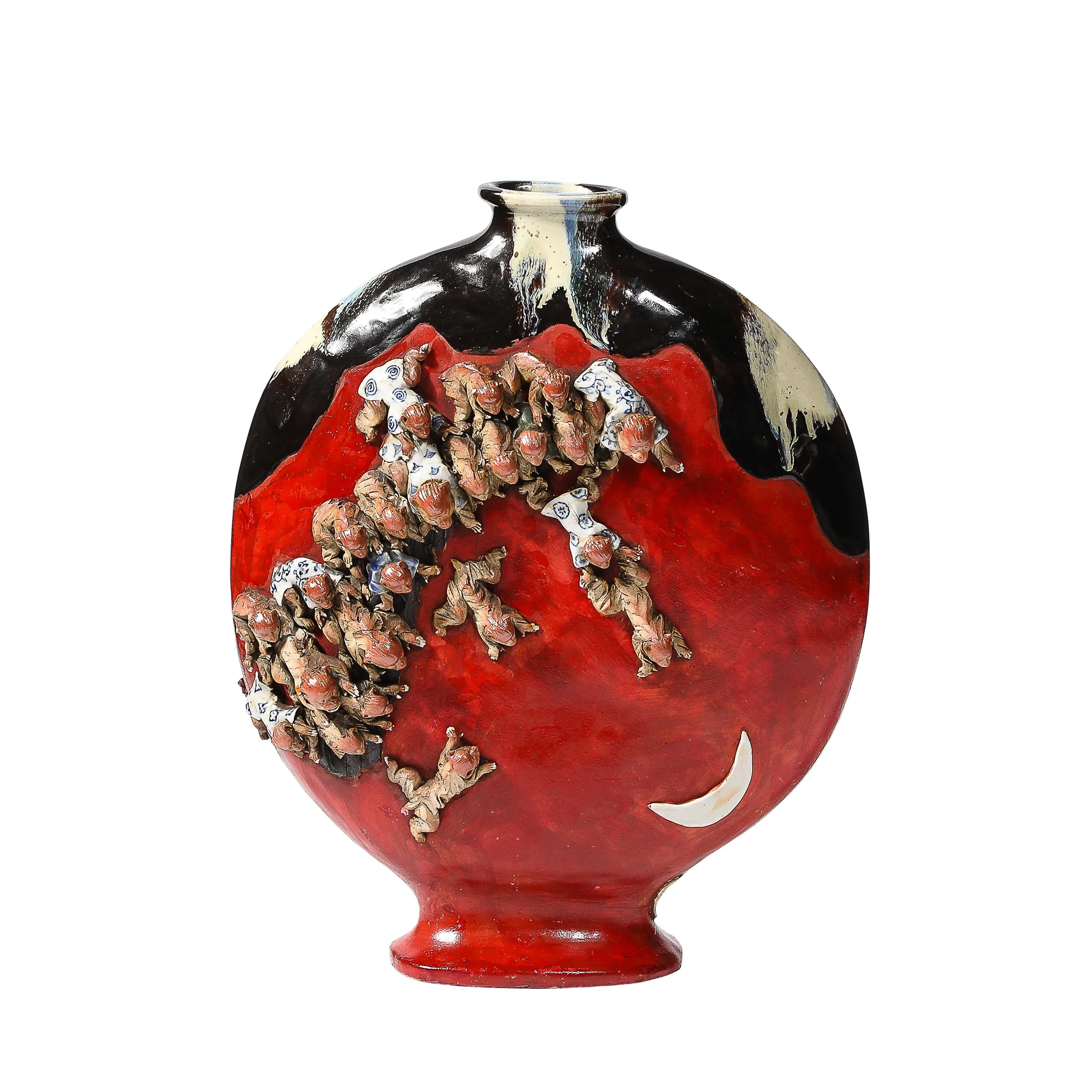 Sumida Gawa Vermillion Red Glazed Pottery Vase W/ Clustered Sculptural ...