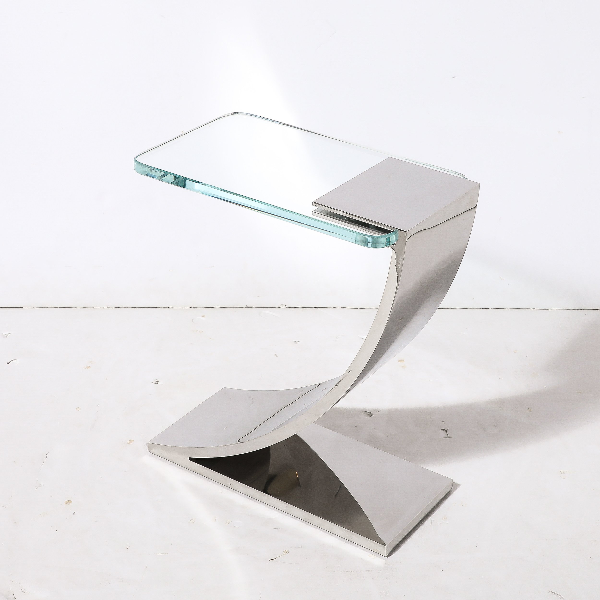Custom Cantilevered Side Table W/ Starfire Glass Top in Polished Nickel ...