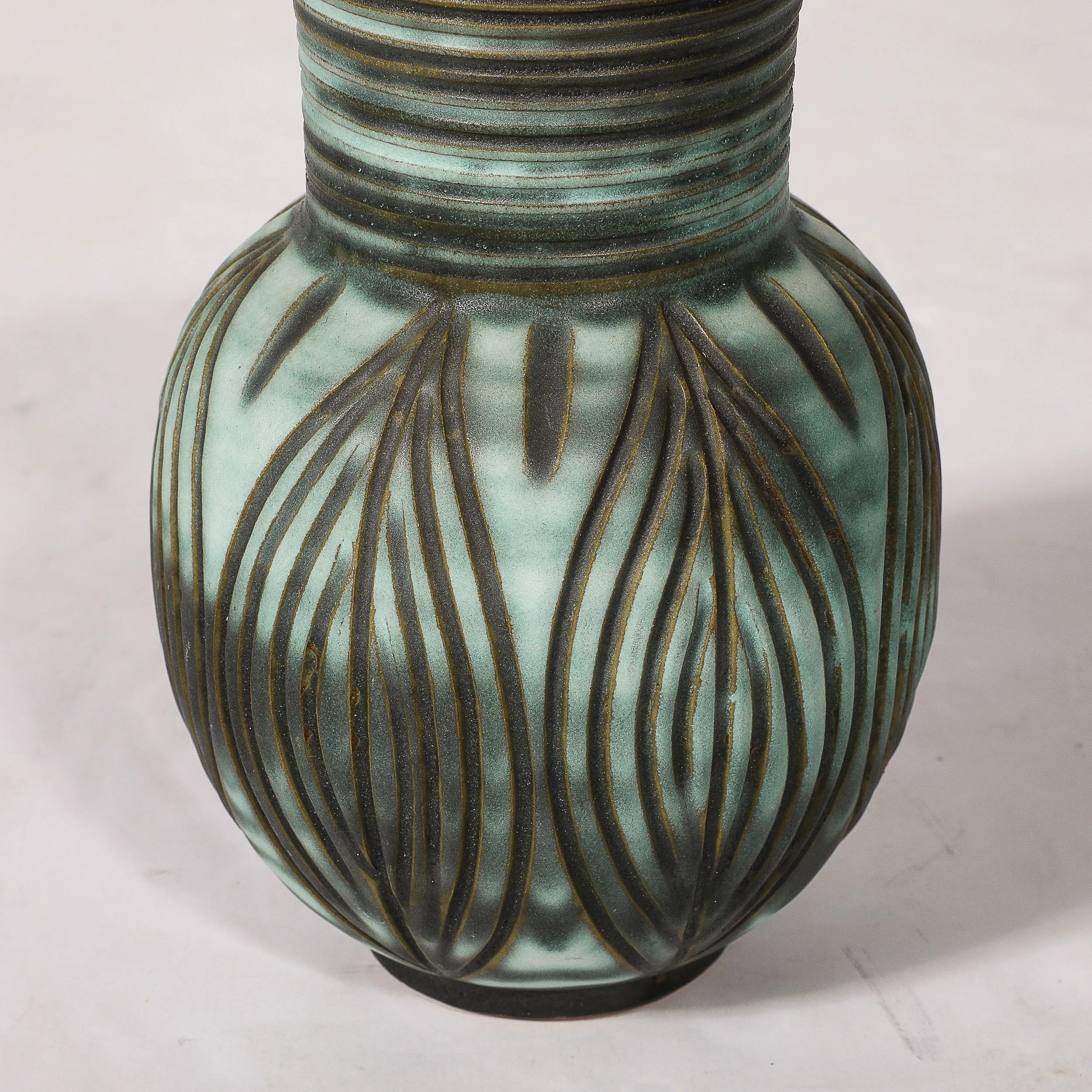 Mid-Century Modernist Linear Grooved Teal/Smoked Umber Vase by Design Techniques — High Style Deco