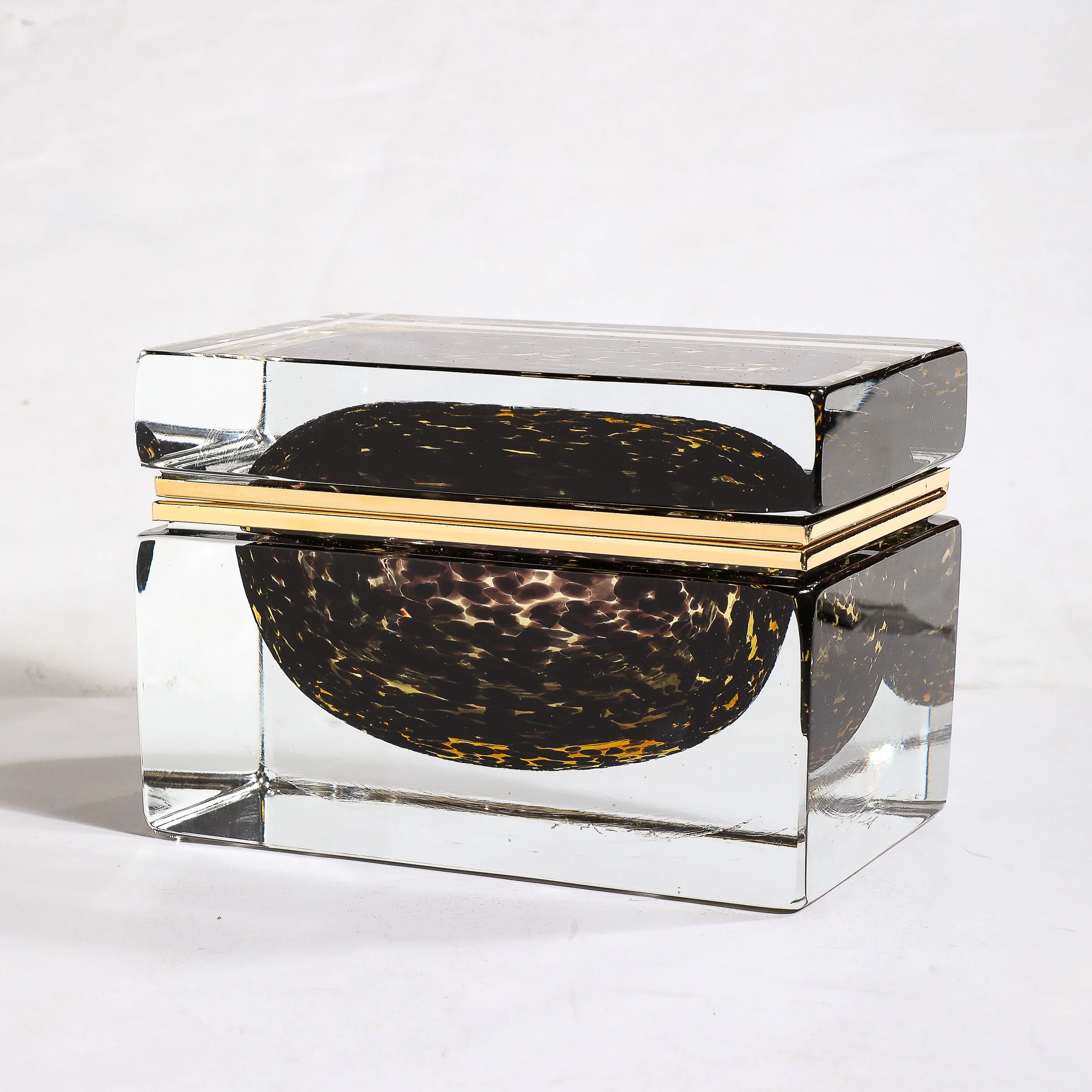 Modernist Hand-Blown Murano Spotted Jet Black & Clear Glass Box w ...