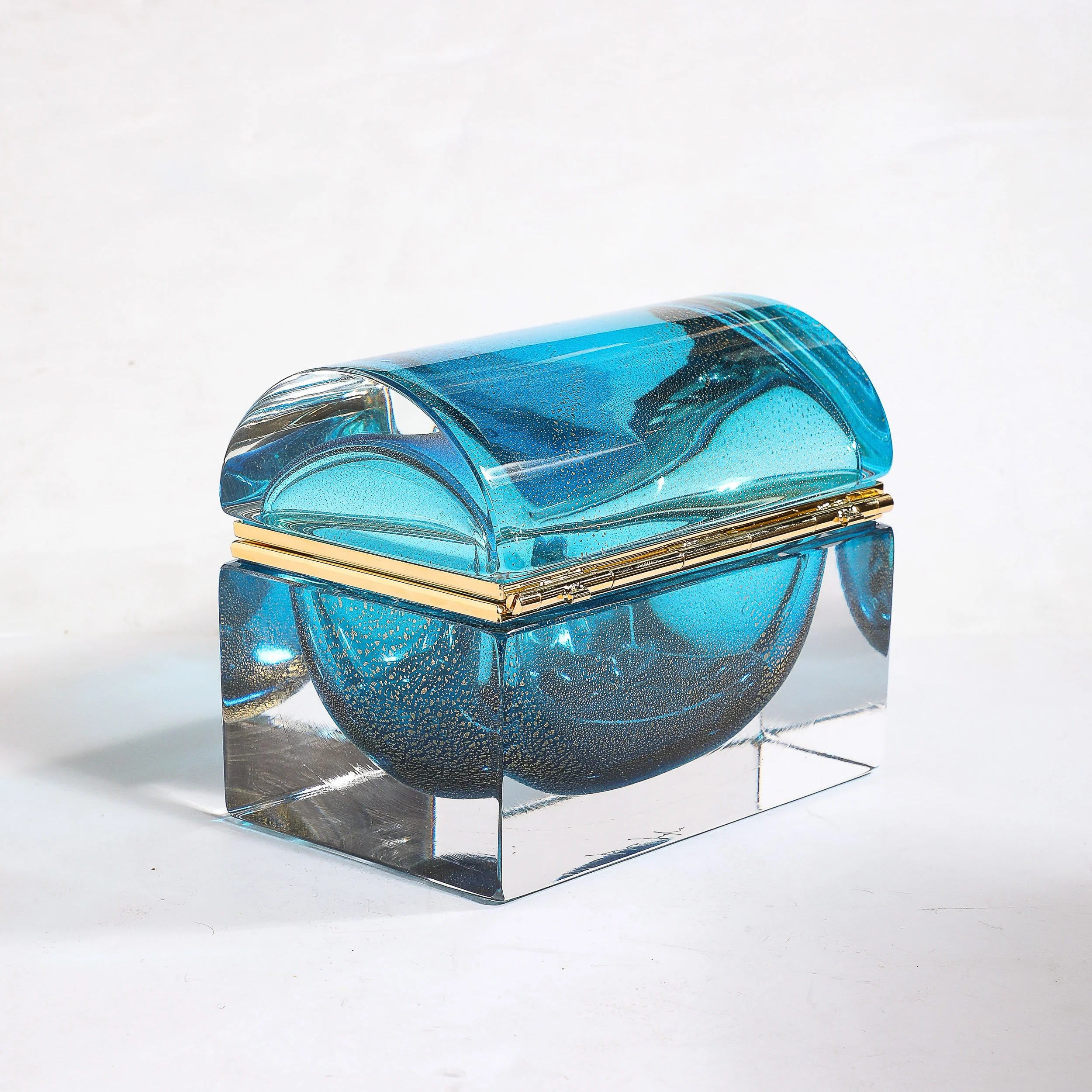 Modernist Hand-Blown Murano Glass Box in Aquamarine w/ 24 Karat Gold ...