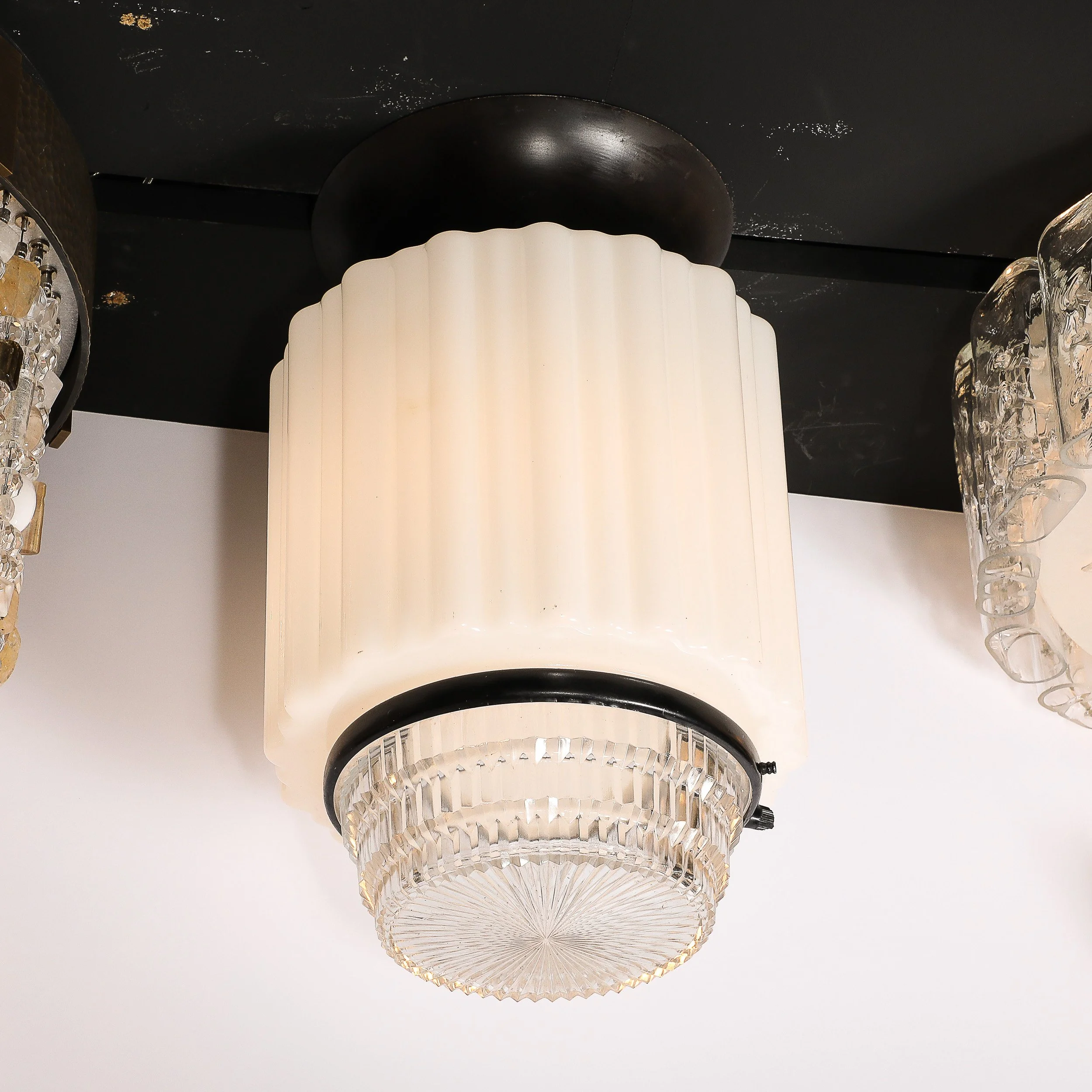 Art Deco Milk Glass & Pressed Glass Flush Mount Chandelier w/ Bronze ...
