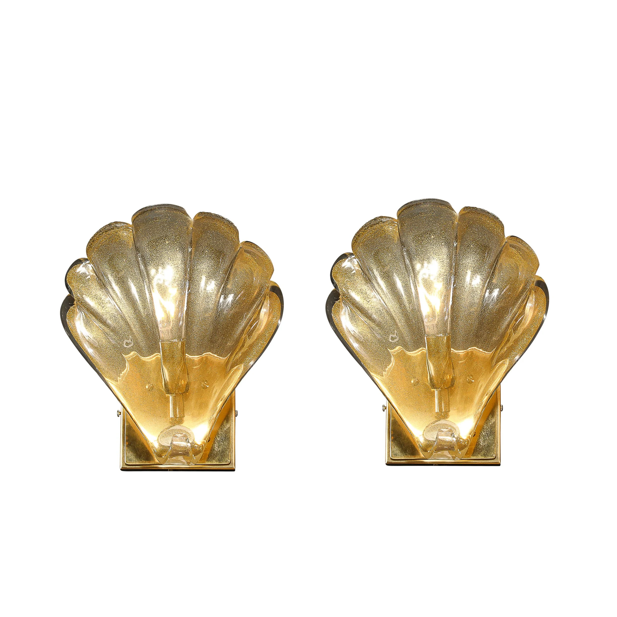 Modernist Hand-blown Murano Glass Shell Form Sconces W/ 24 Karat Gold ...