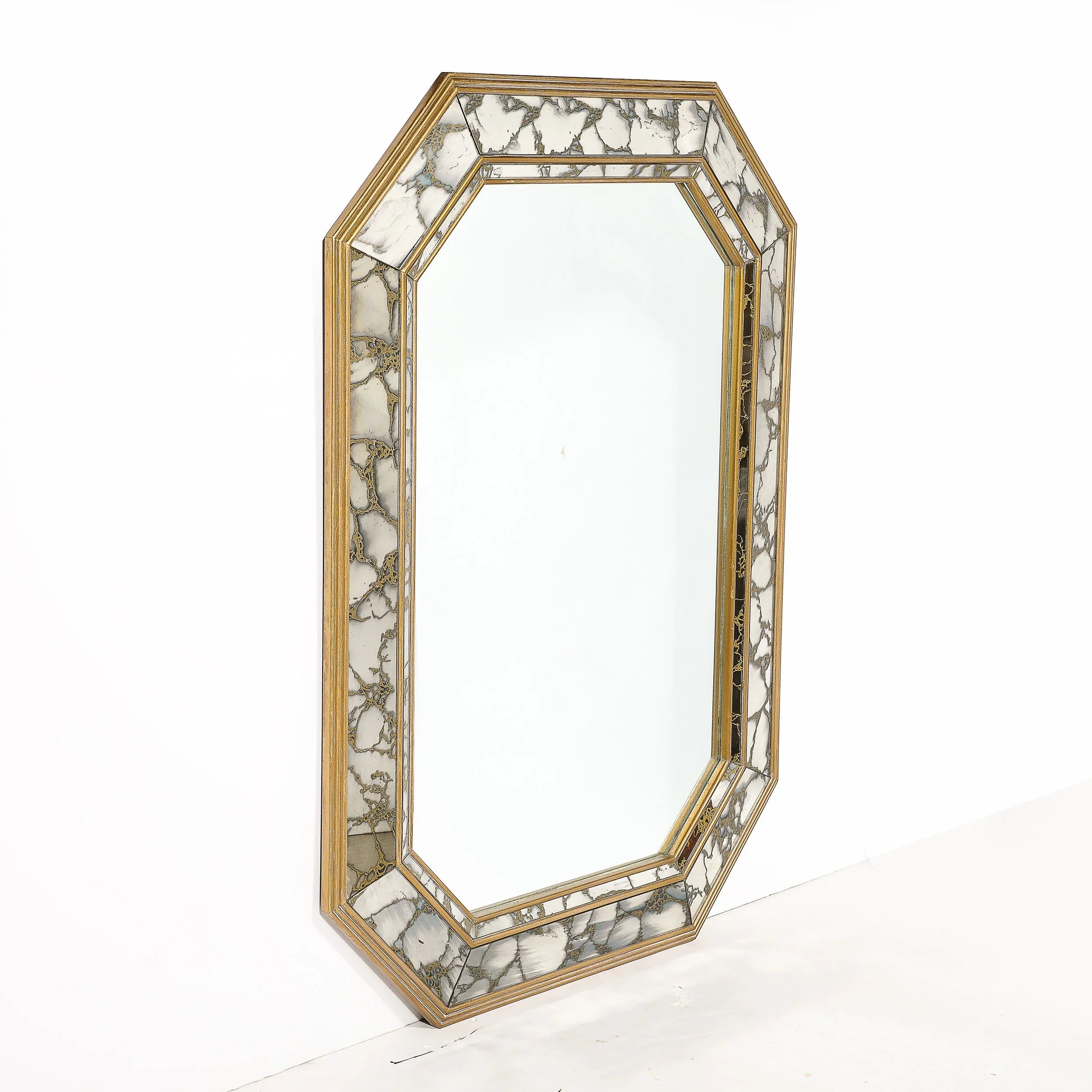 Mid-Century Elongated Octagonal Smoked Antiqued Gold Vein Mirror w ...