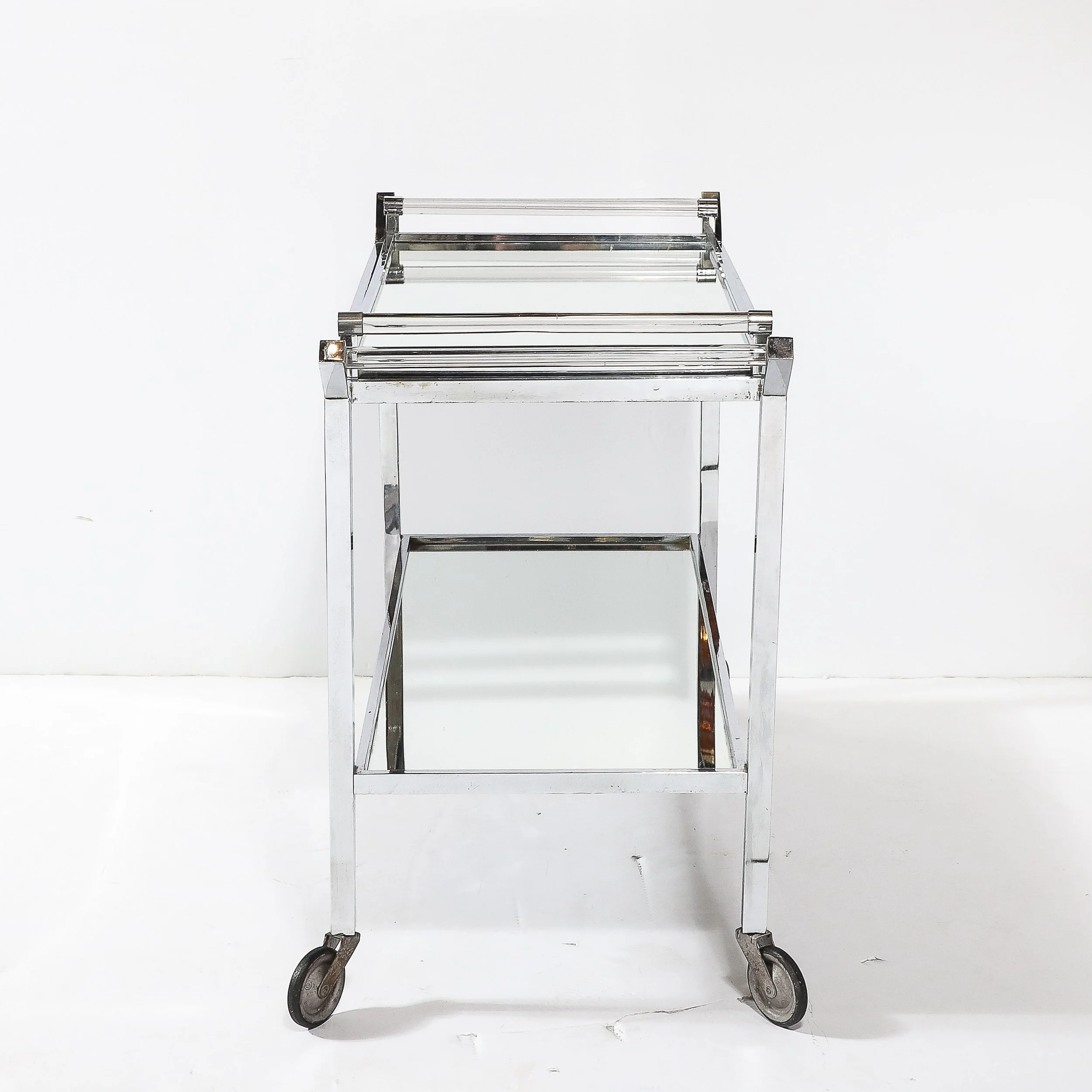 Art Deco 2-Tier Rectilinear Nickel Bar Cart w/ Lucite Handles & Mirror ...