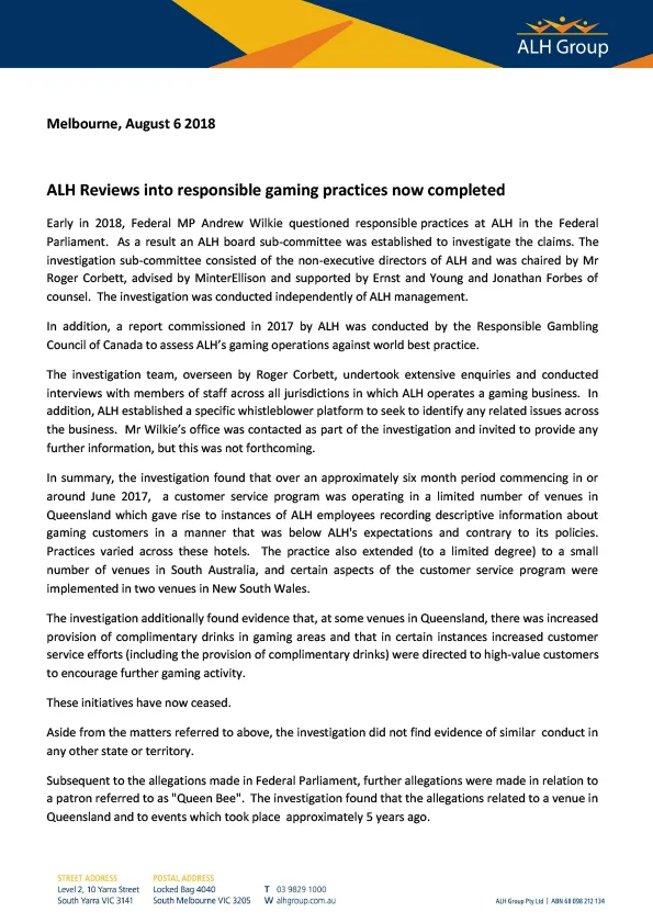 ALH Reviews into responsible gaming practices now completed — ALH Group