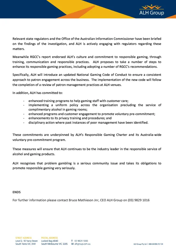 ALH Reviews into responsible gaming practices now completed — ALH Group