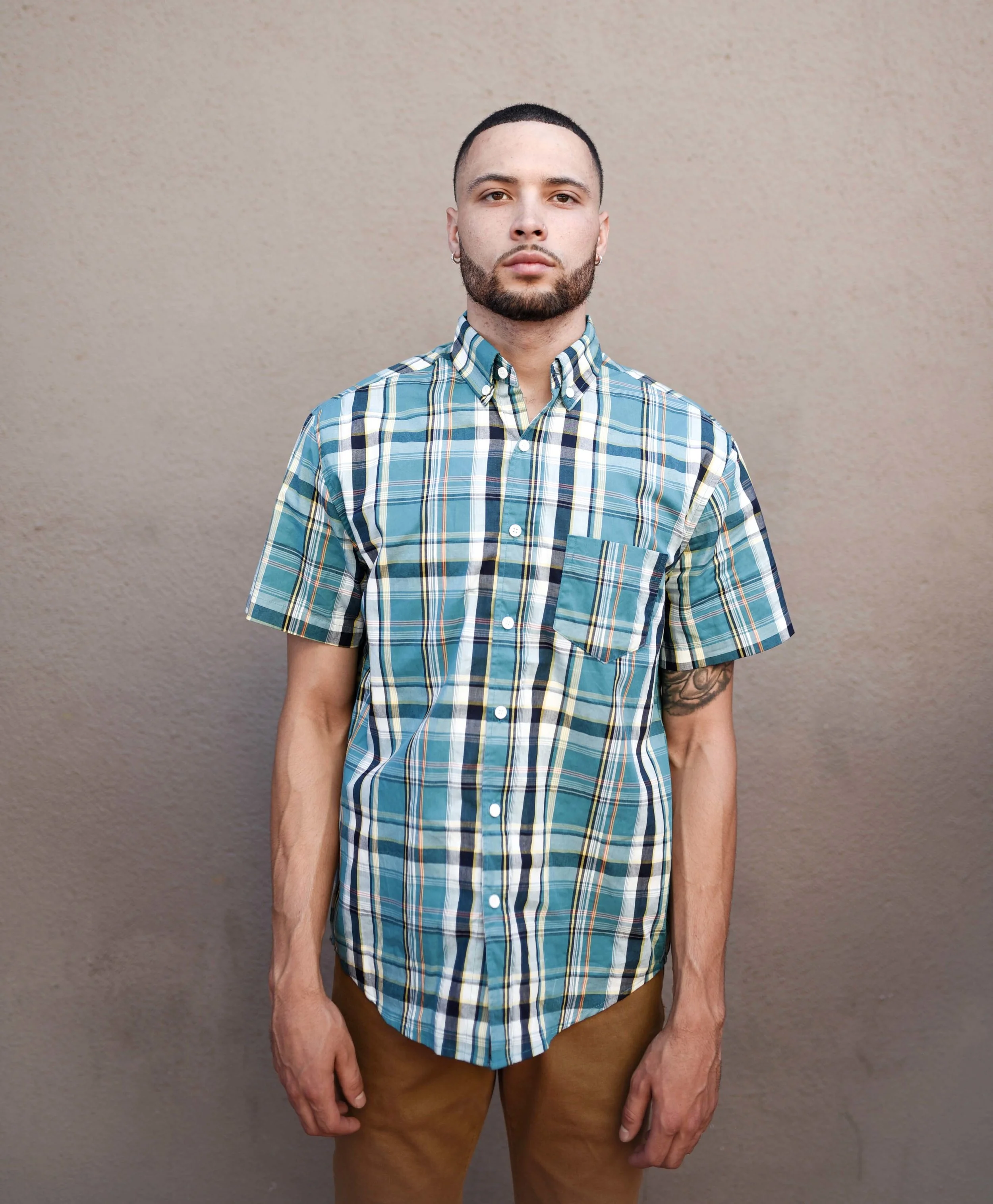 Blue Plaid Cotton Shirt (Short Sleeve) — Neo Blue