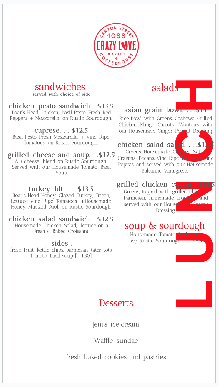 Lunch Menu — Crazy Love Coffee House