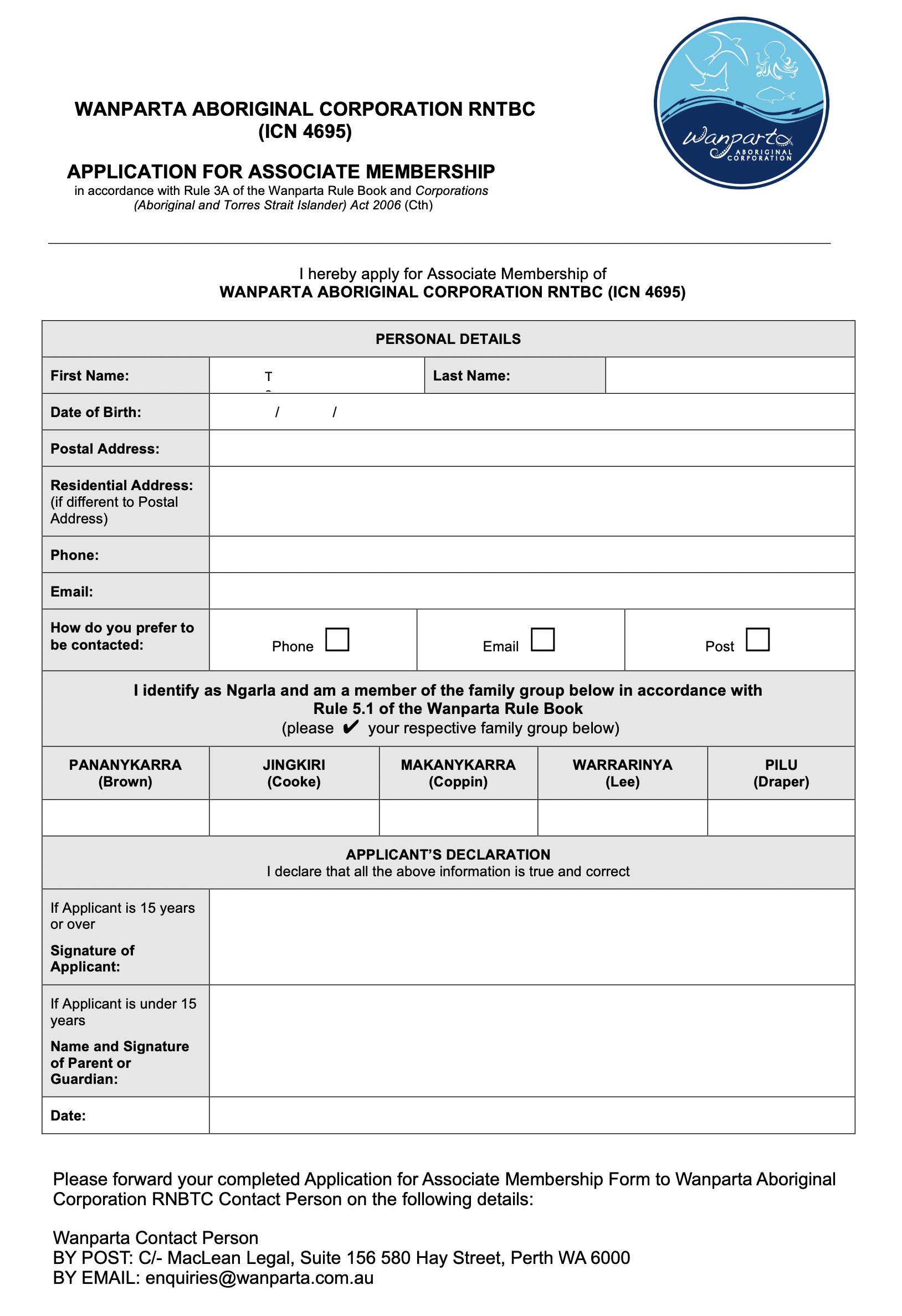 Membership applications — Wanparta Aboriginal Corporation RNTBC