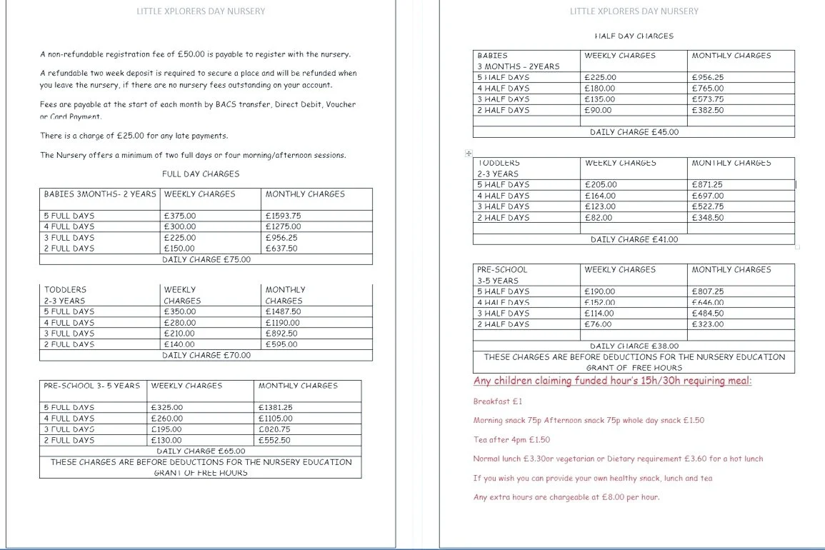Fees and Policies — Little Xplorers Day Nursery in Kingsbury