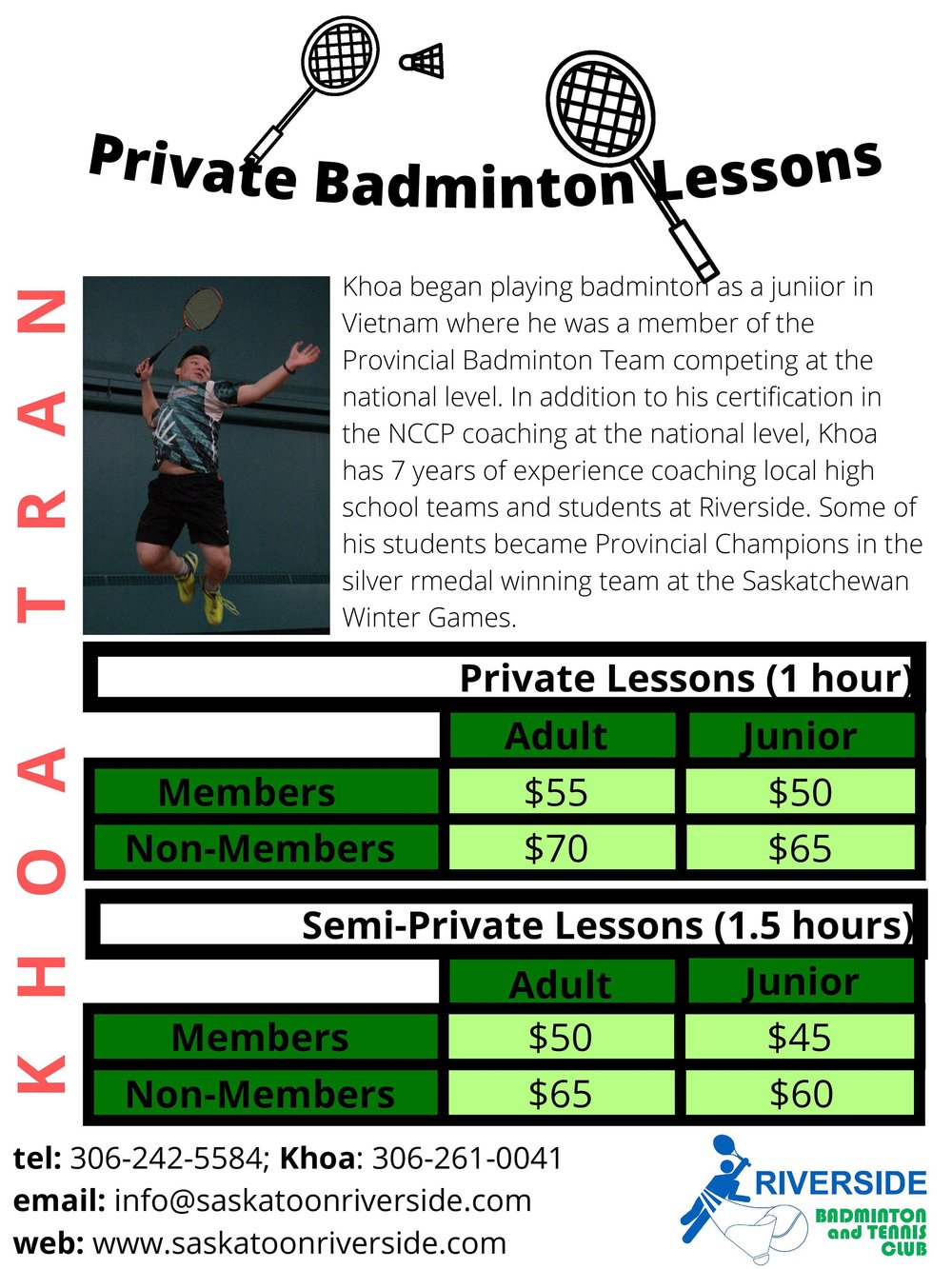 Khoa Tran Private Lessons 2024 — Riverside Badminton and Tennis Club