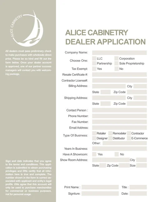 Dealer Application — Alice Cabinetry