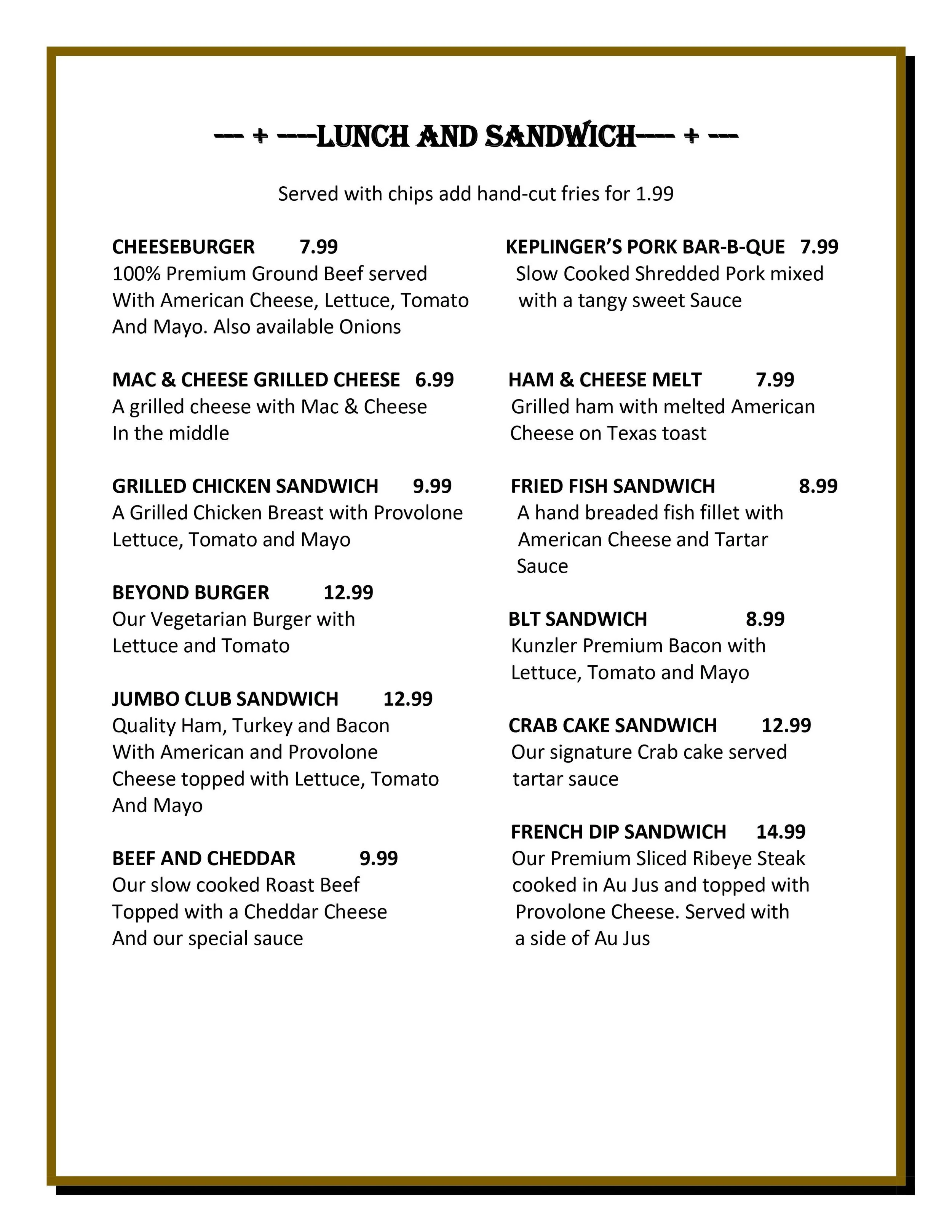 Menu — Mullin's 1847 Cabin