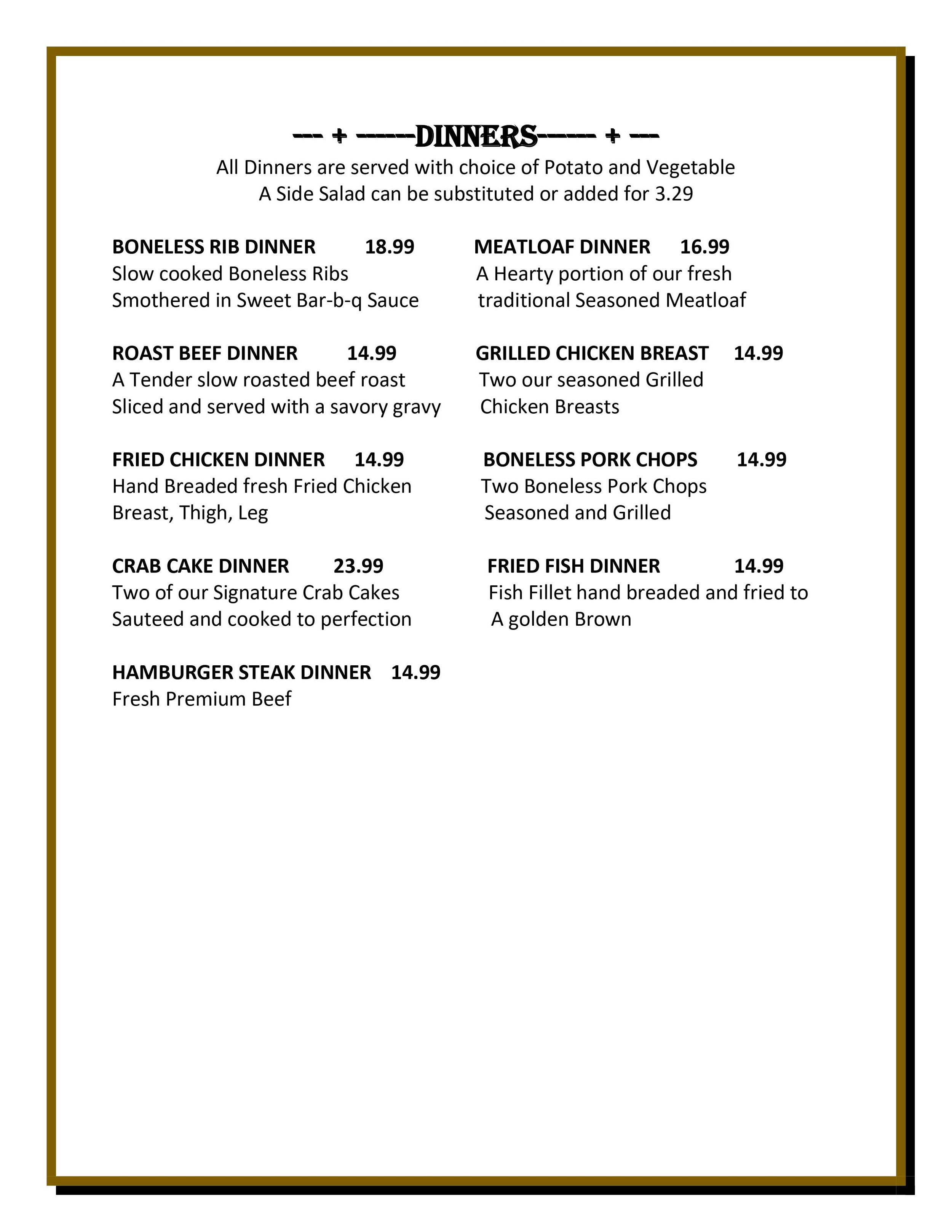 Menu — Mullin's 1847 Cabin