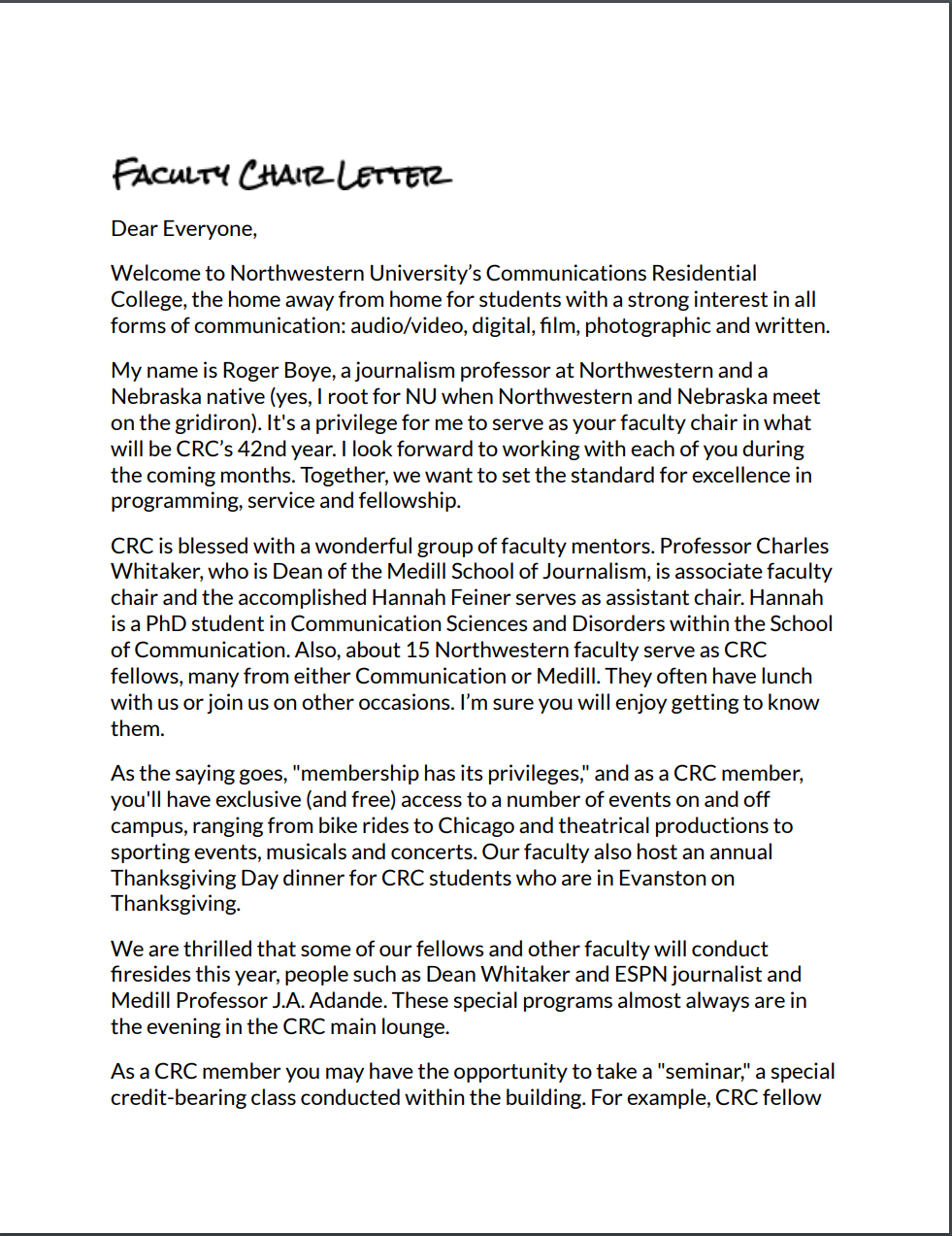 Summer Welcome Letter — Communications Residential College