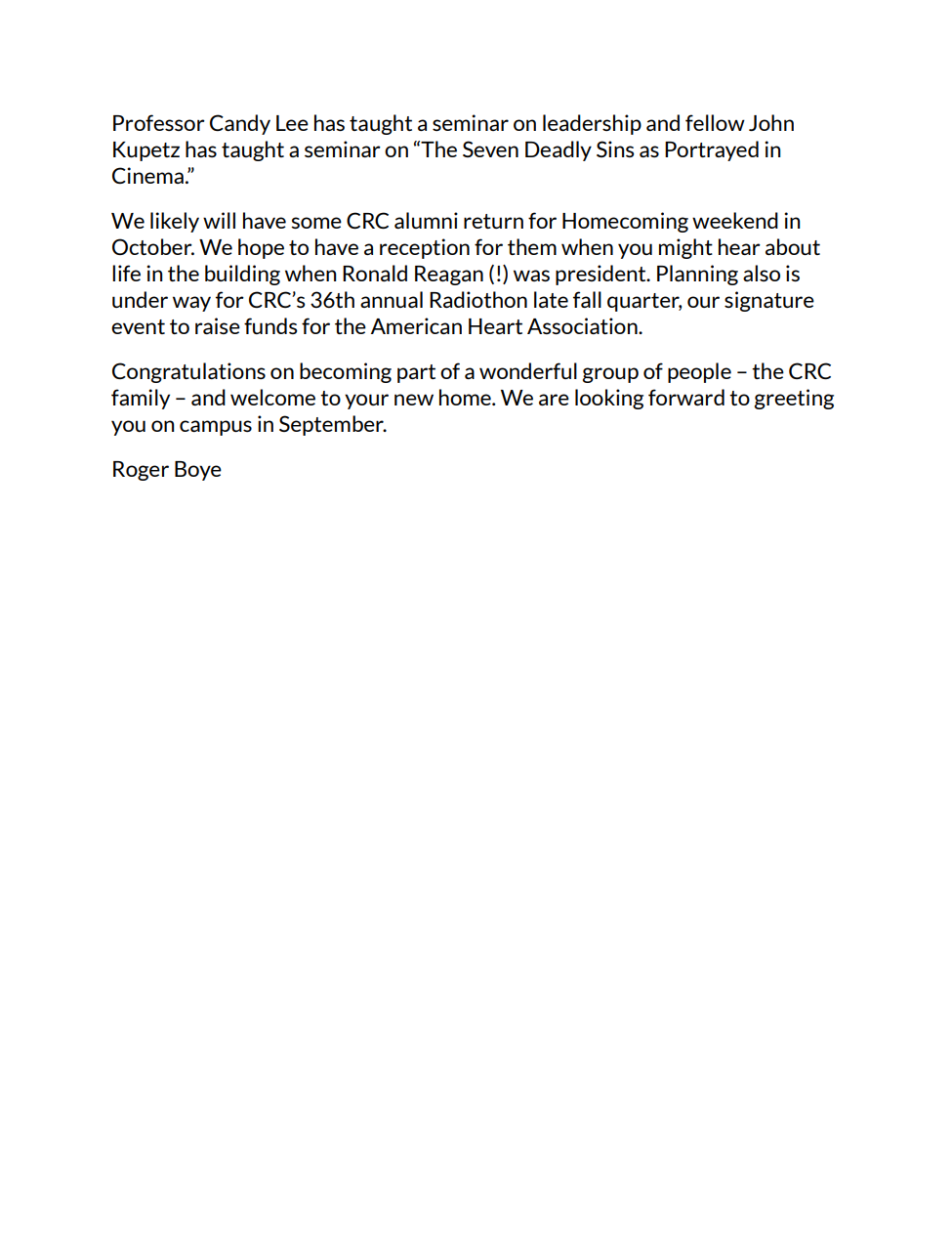Summer Welcome Letter — Communications Residential College