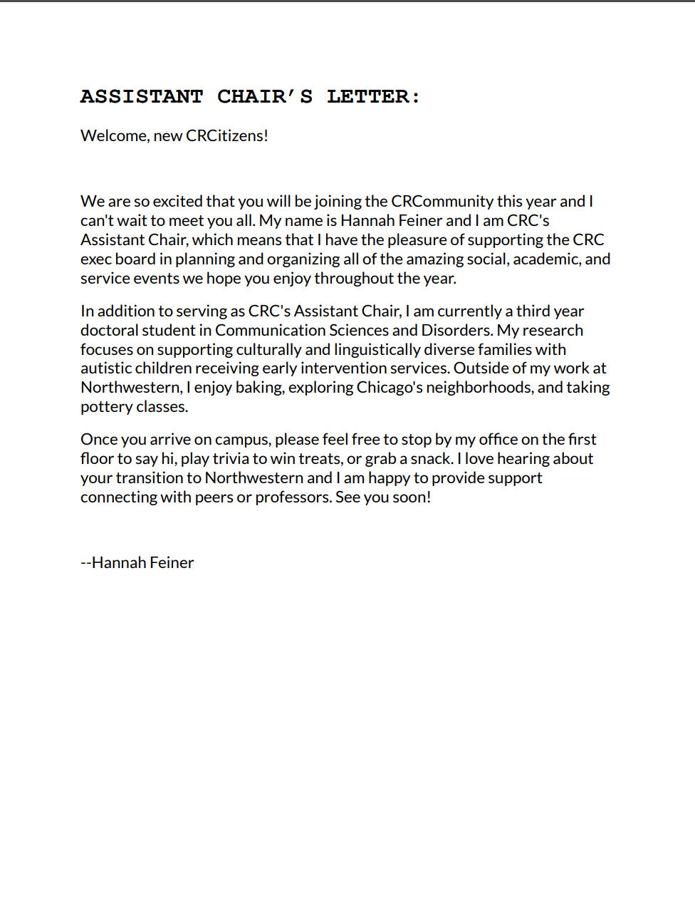 Summer Welcome Letter — Communications Residential College