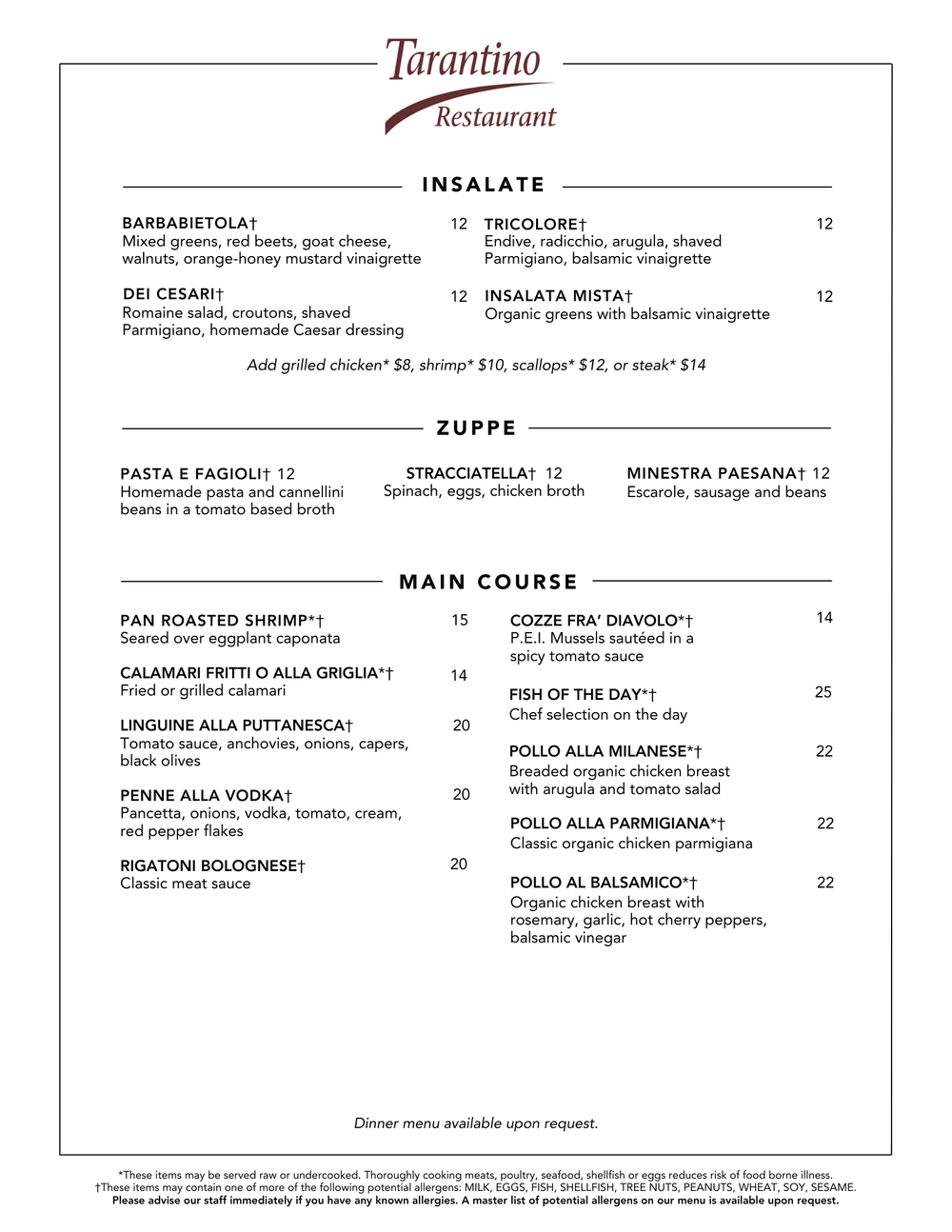 Lunch Menu — Tarantino Restaurant