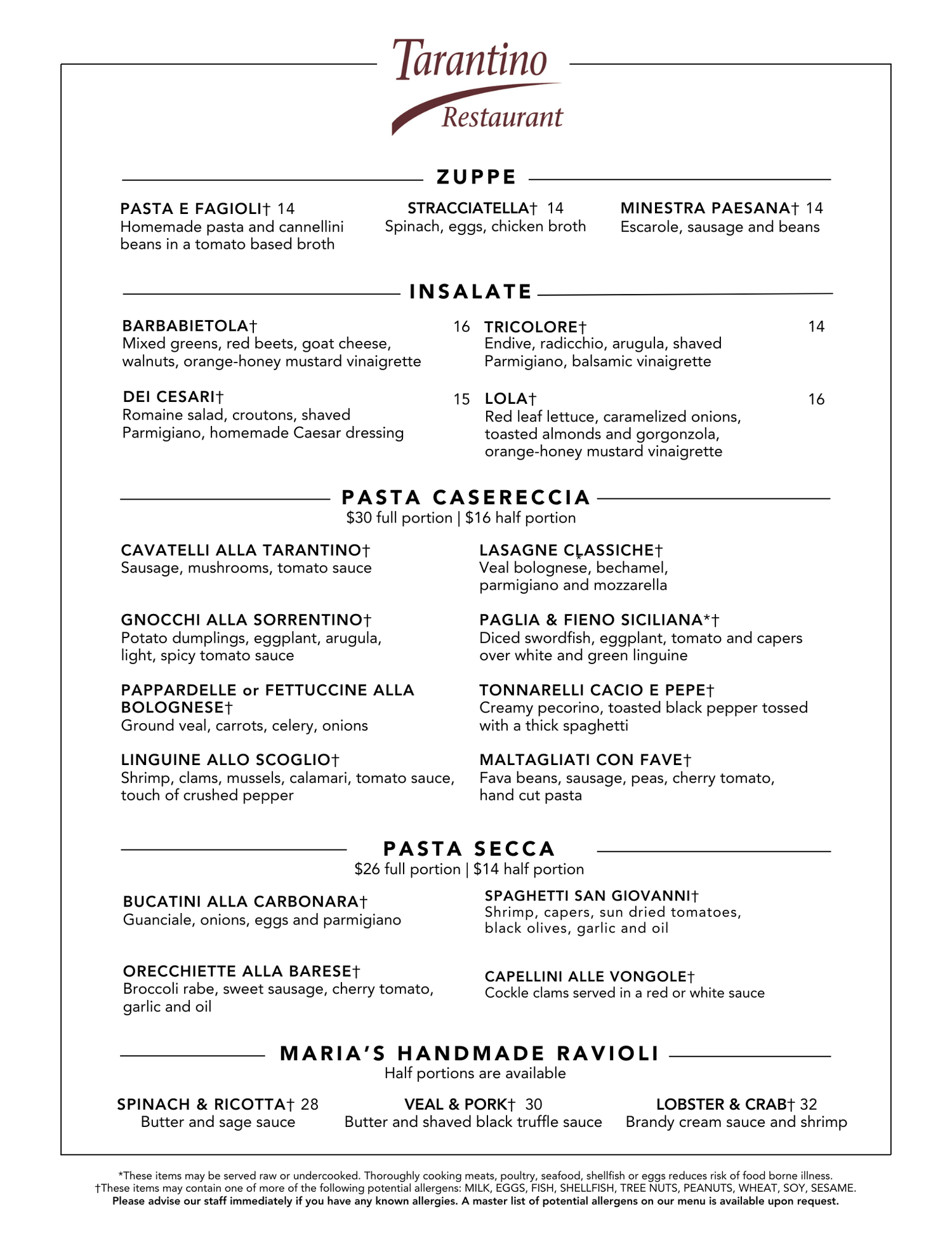Dinner Menu — Tarantino Restaurant