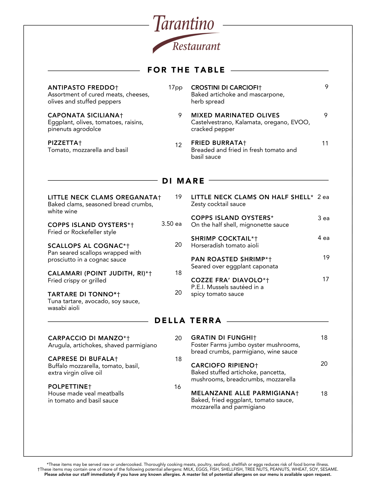 Dinner Menu — Tarantino Restaurant
