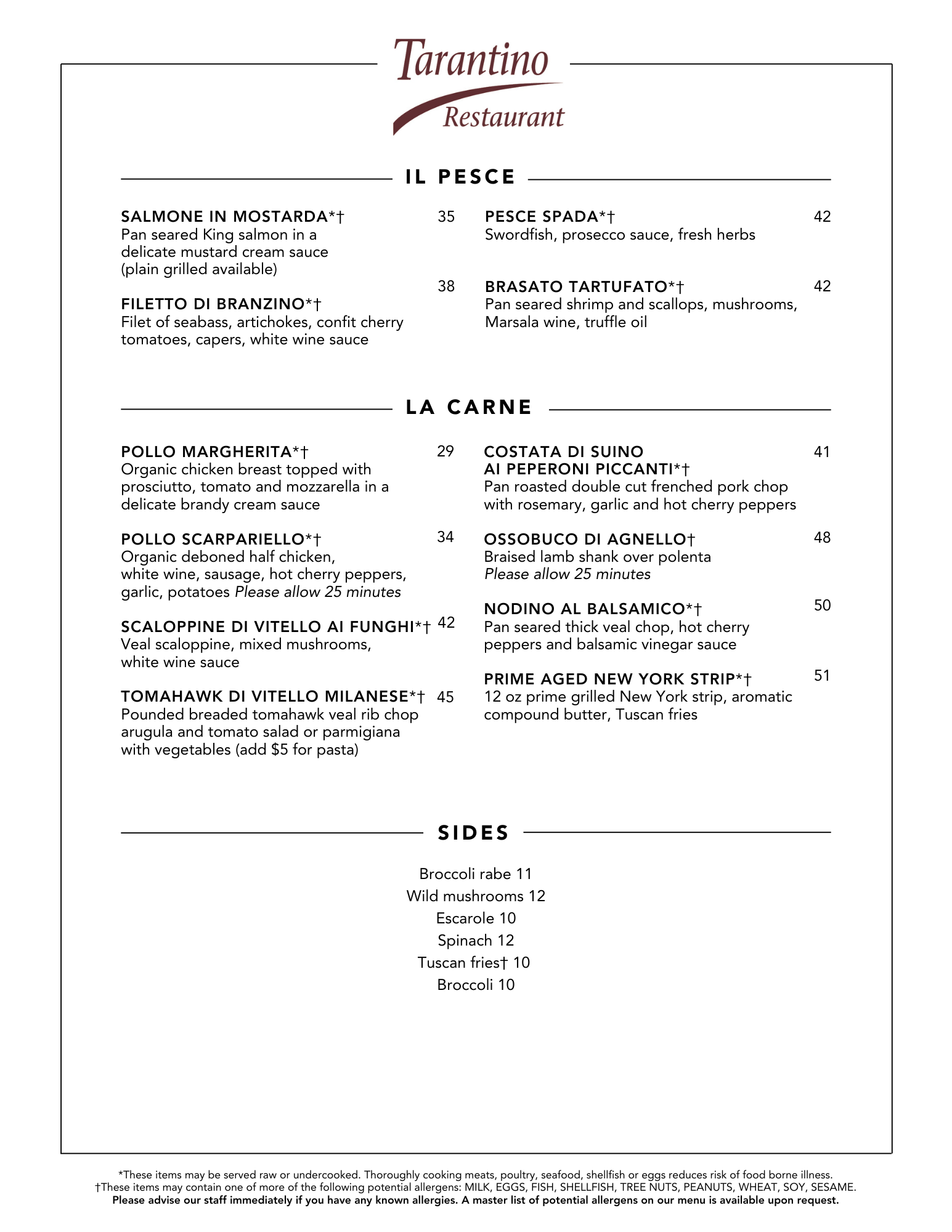 Dinner Menu — Tarantino Restaurant