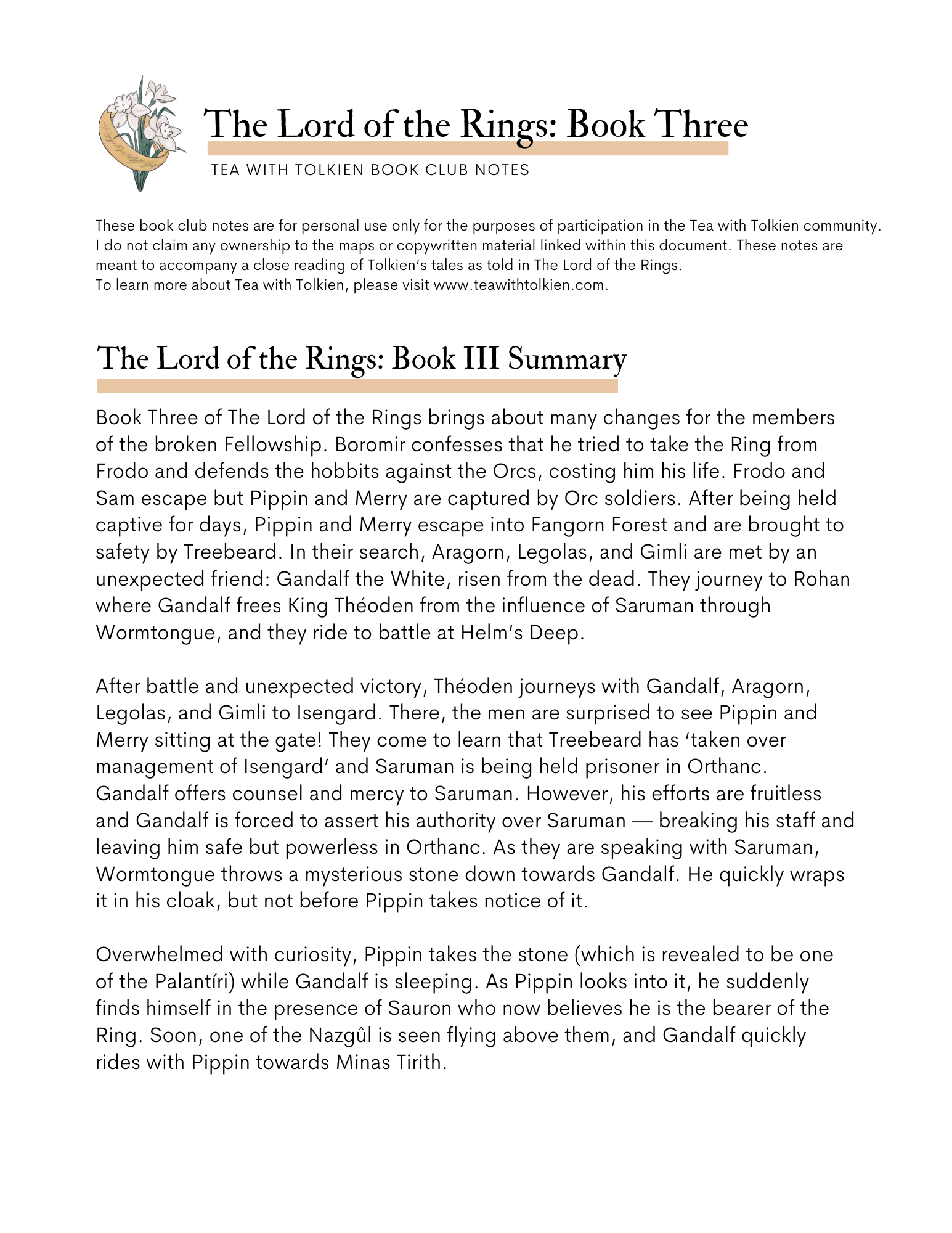 The Lord of the Rings Book Club: Book Three (Printable Notes) — Tea ...