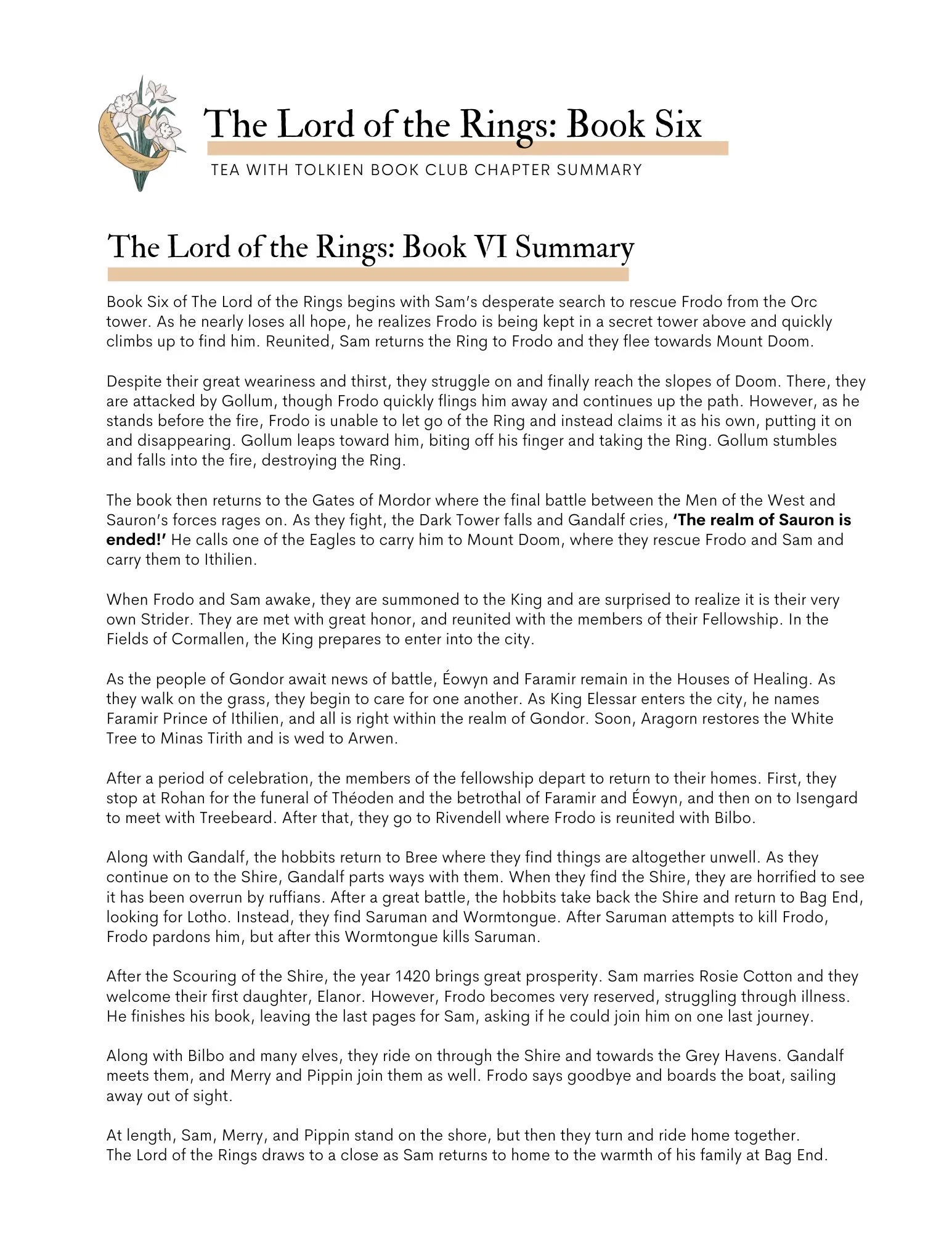 The Lord of the Rings Book Club: Book Six (Printable Notes) — Tea with ...