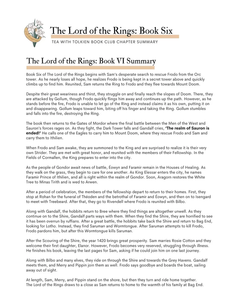 The Lord of the Rings Book Club: Book Six (Printable Notes) — Tea with ...