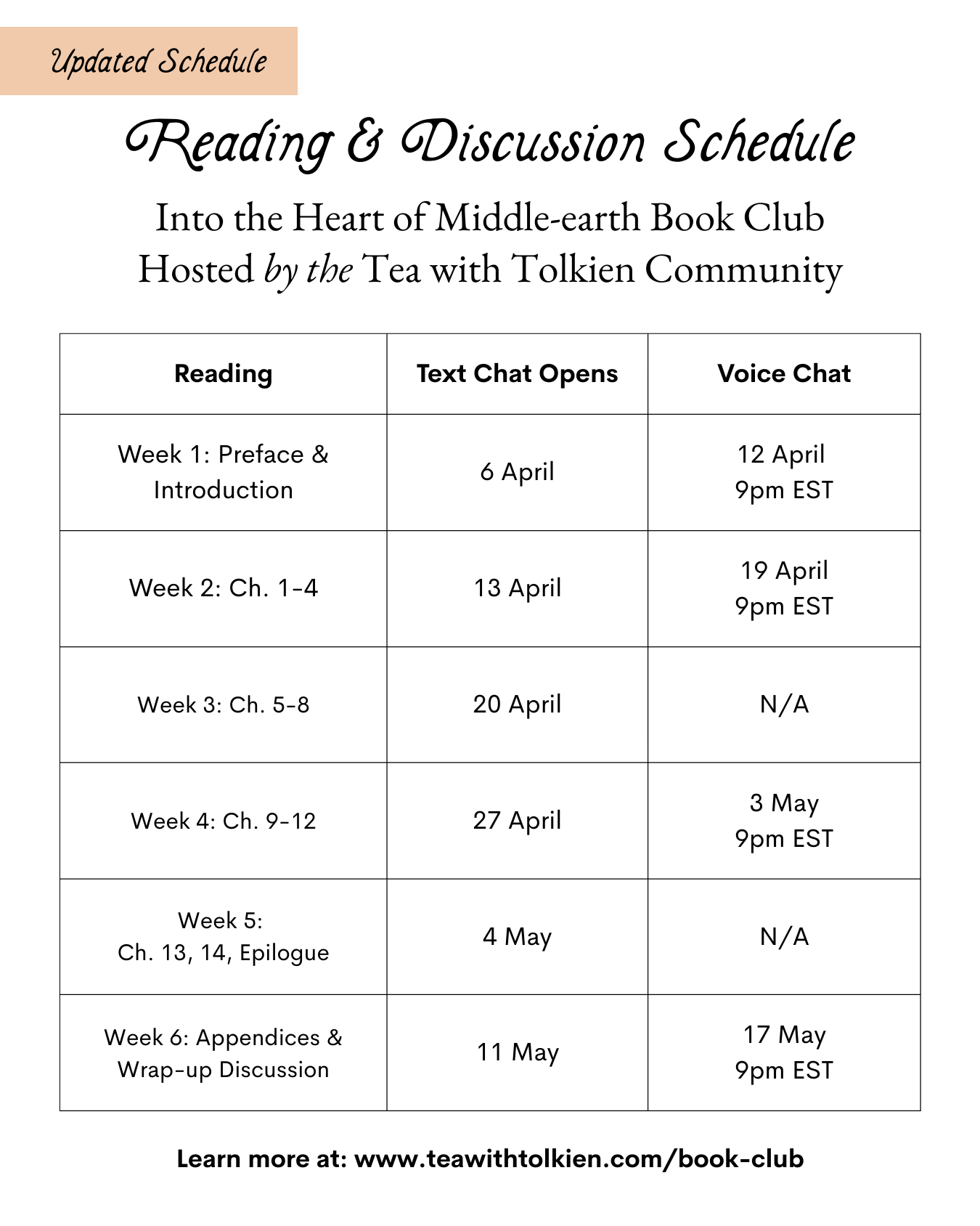 UPDATED Book Club Schedule: Into the Heart of Middle-earth (April-May ...