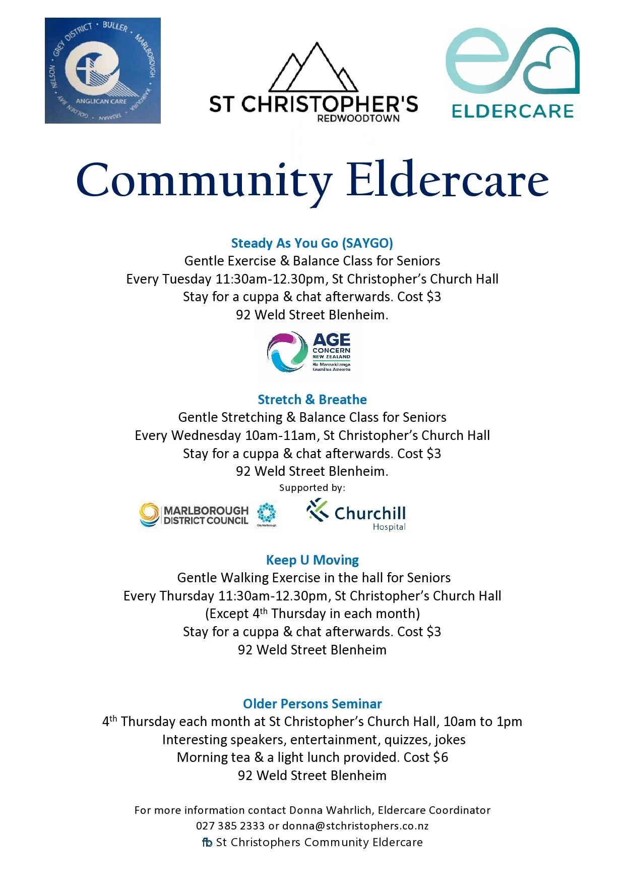 St Christopher's Anglican Church Blenheim — Eldercare Programmes