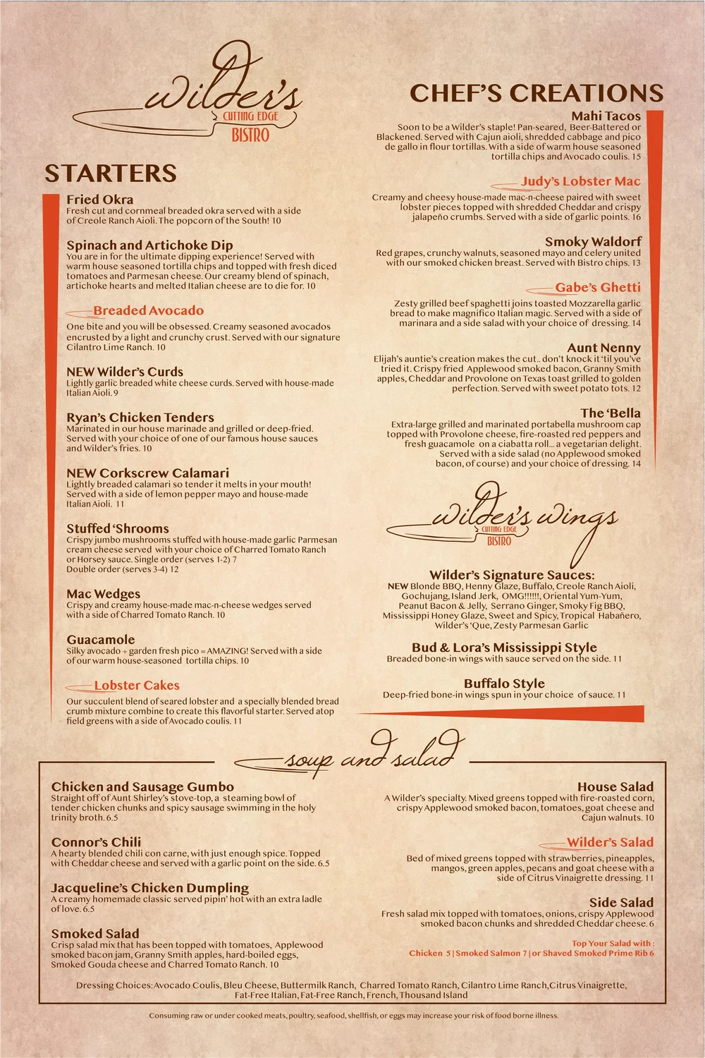 Bistro Menu — Take A Walk On The Wilder's Side