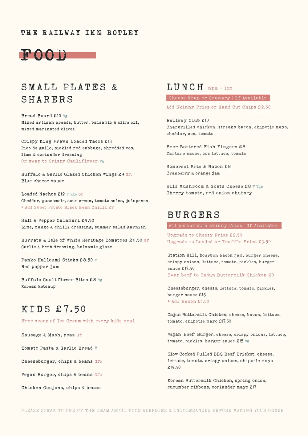 Our Menu — The Railway Inn Botley - Pub & Restaurant - Southampton