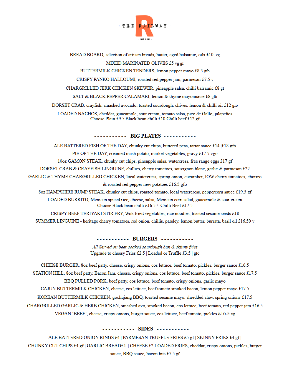 Our Menu — The Railway Inn Botley - Pub & Restaurant - Southampton