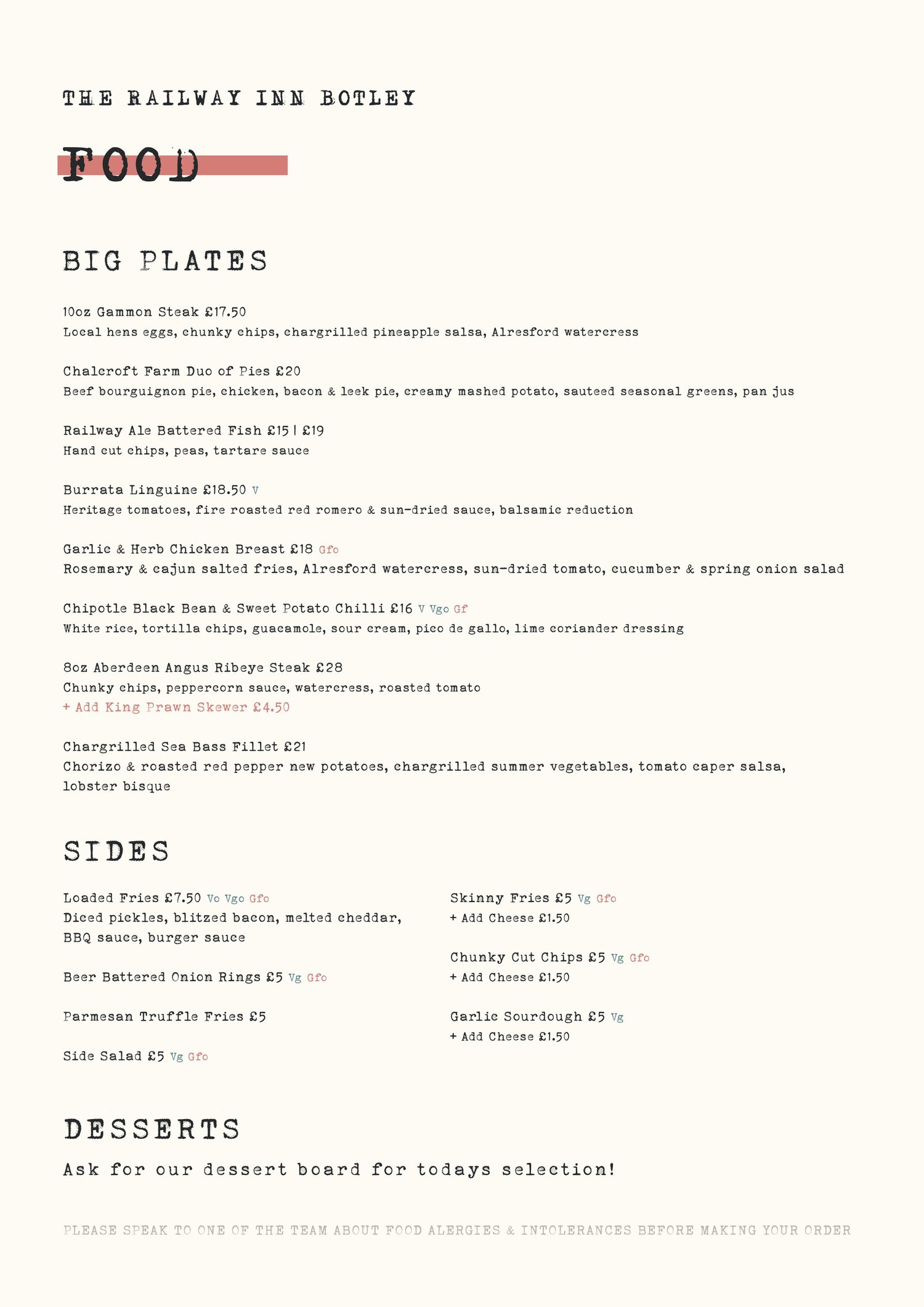 Our Menu — The Railway Inn Botley - Pub & Restaurant - Southampton